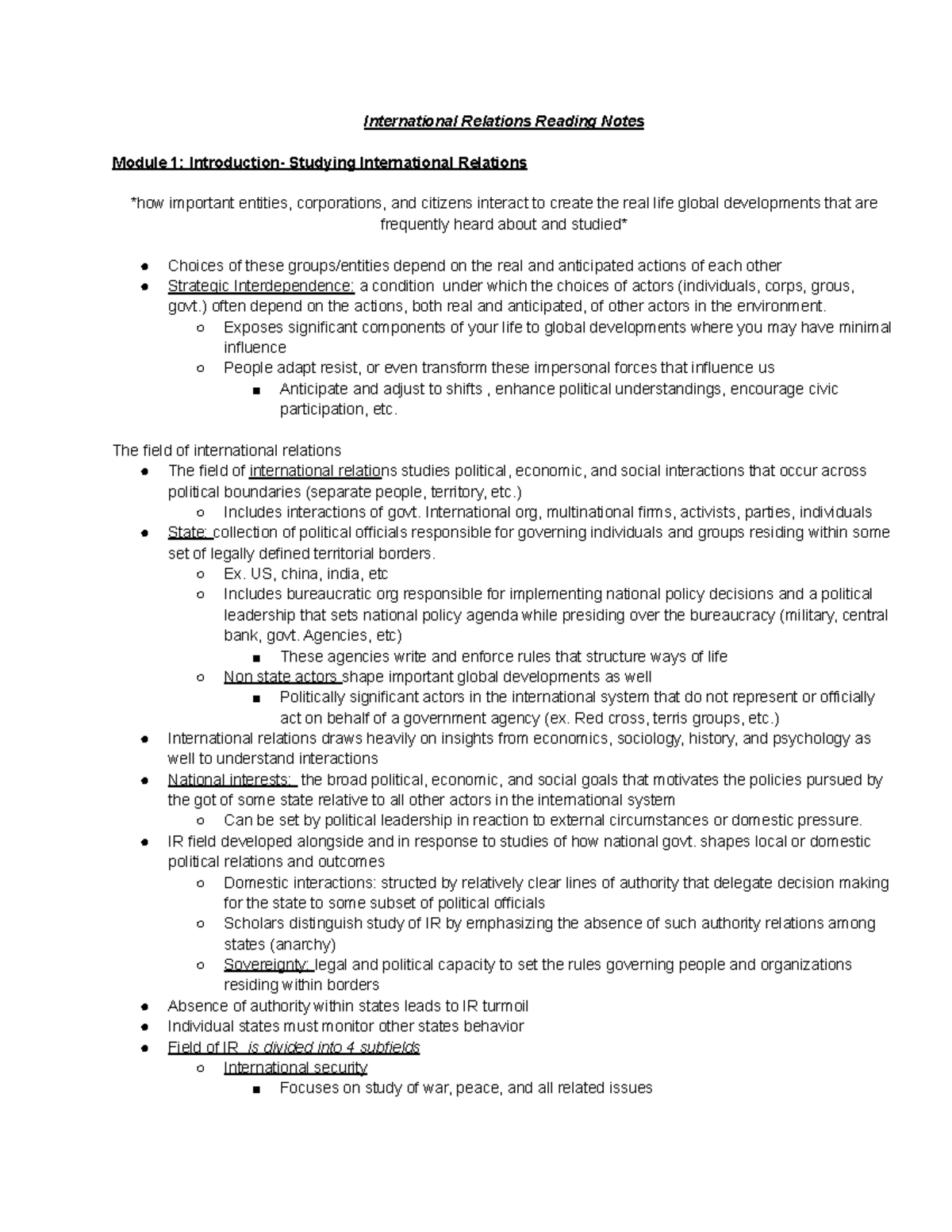 International Relations Reading Notes: Key Concepts for Midterm (IR ...