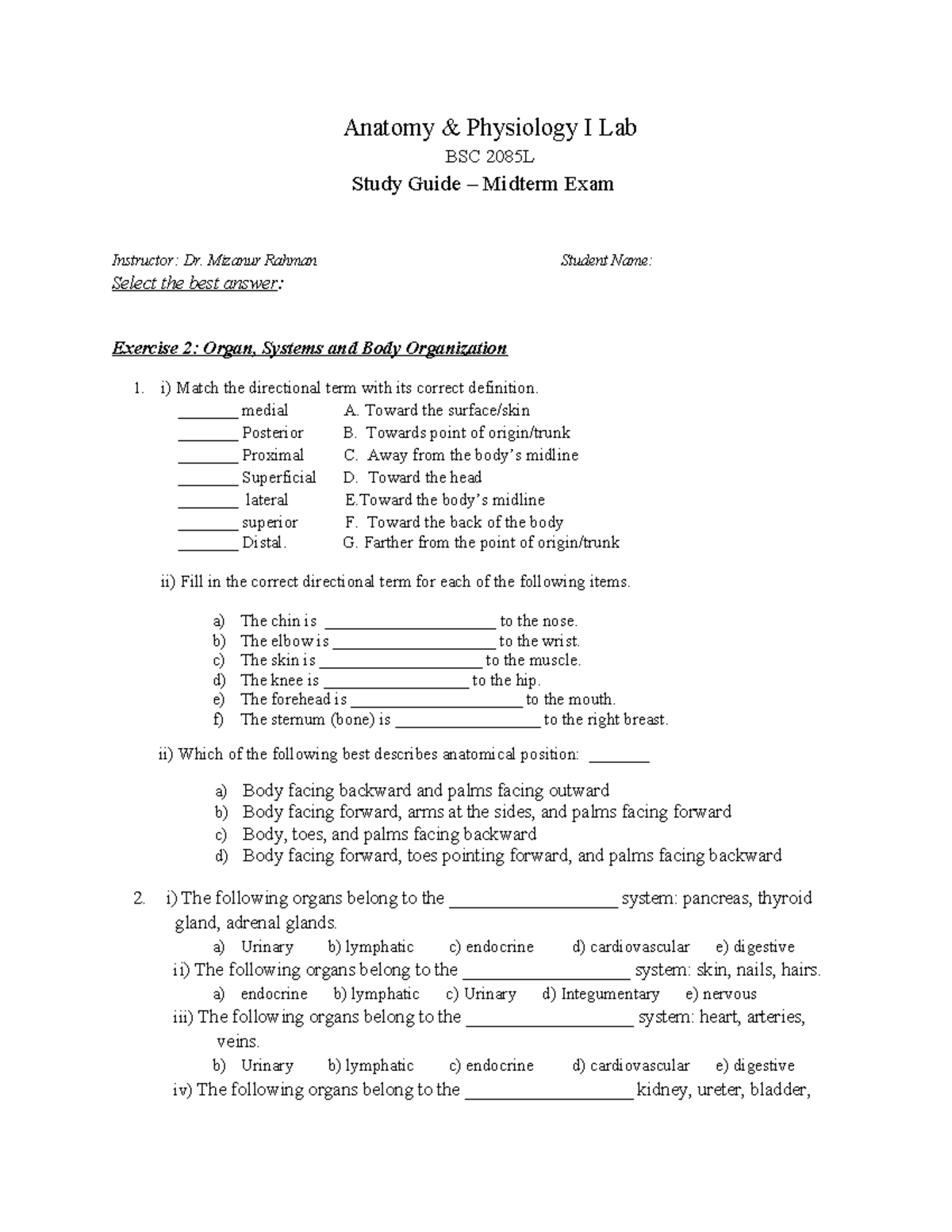 Anatomy & Physiology I Lab Midterm Study Guide - BSC 2085L - Studocu