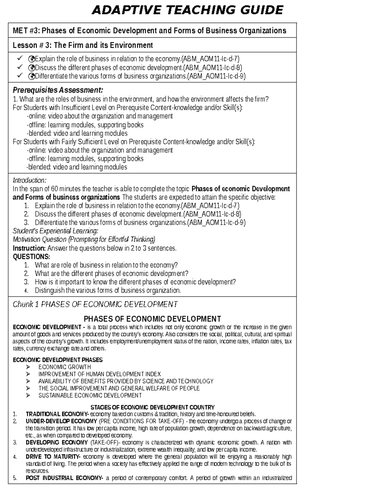 OM ATG Lesson 3: Phases of Economic Development & Business Forms - Studocu