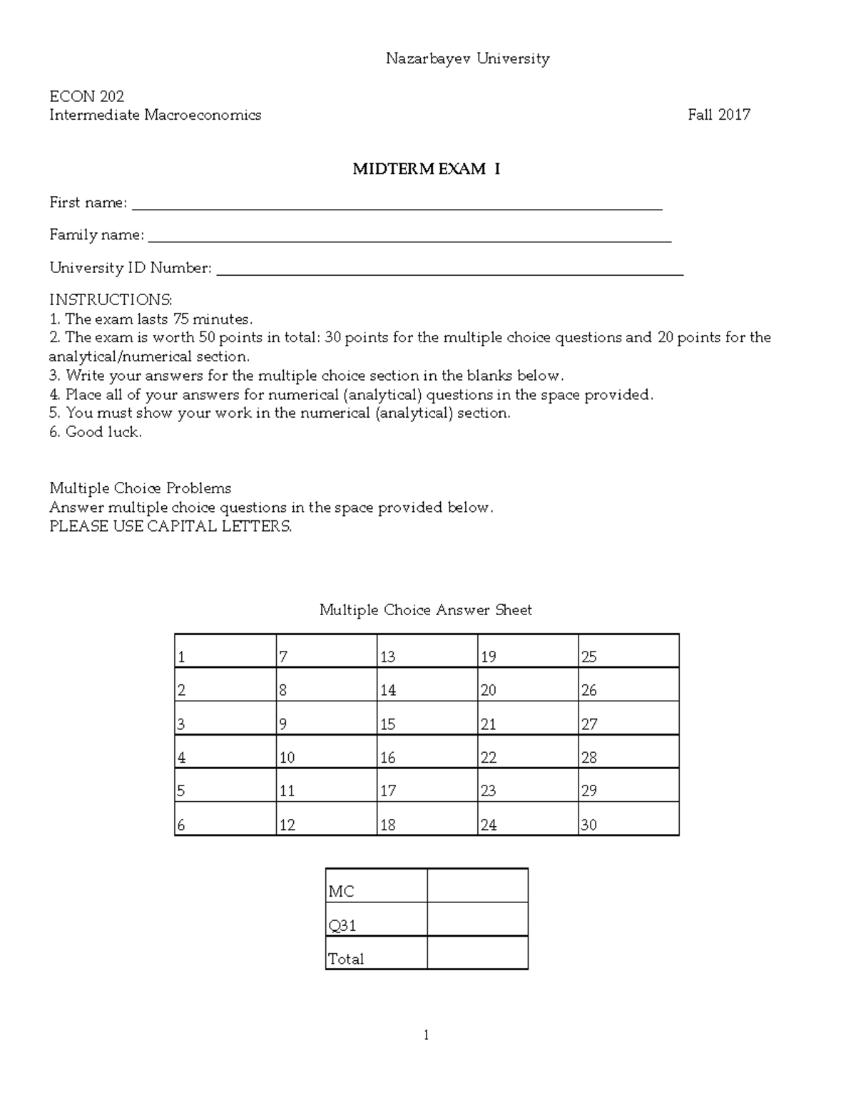 Sample Midterm - Practice material - Nazarbayev University ECON 202 ...