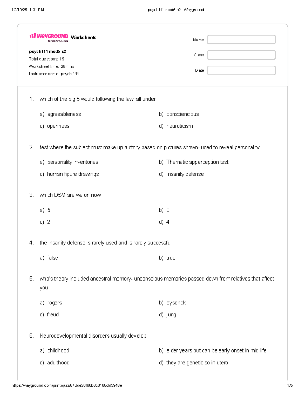 Psych 111 Mod5 S2 Wayground Worksheet & Answer Key - Studocu