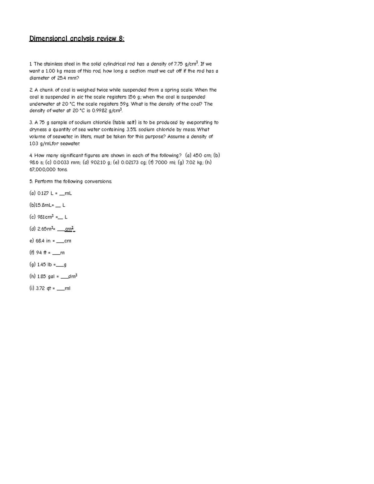 Dimensional Analysis Review 8 - Chemistry Quiz Notes - Studocu