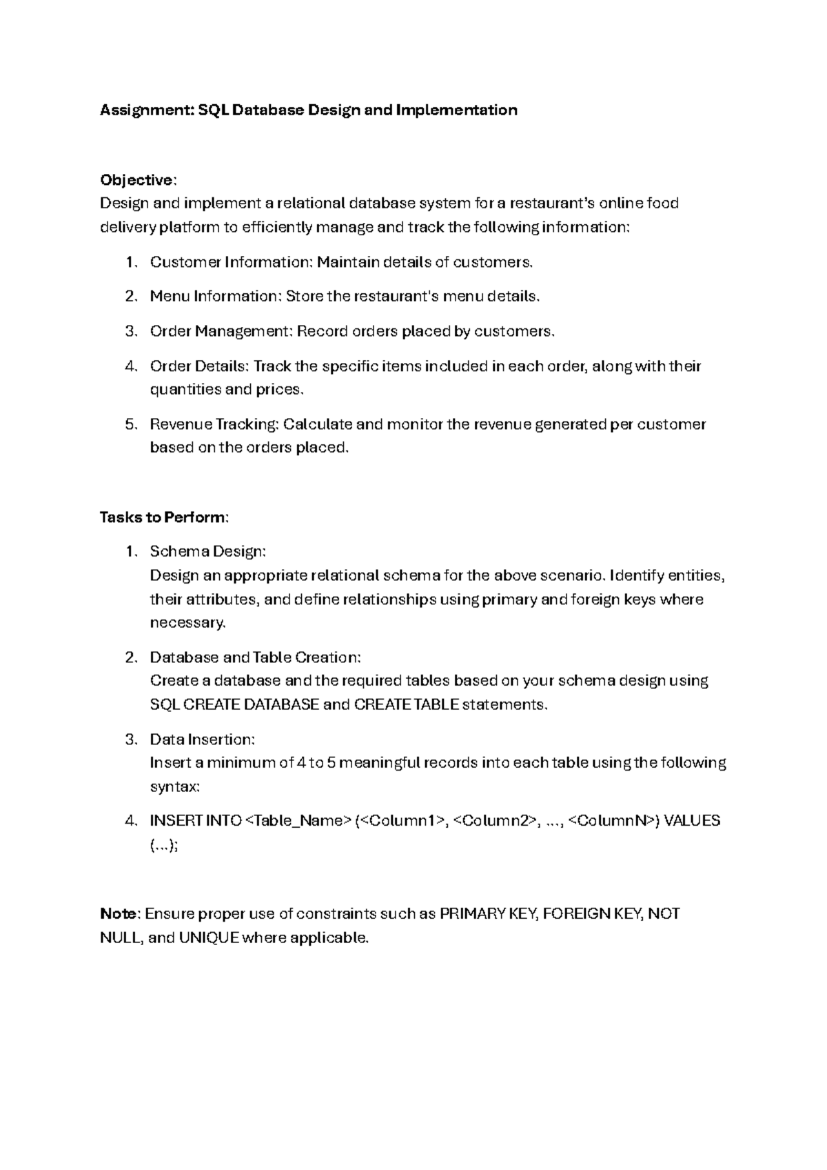 SQL Assignment: Database Design for Online Food Delivery Platform - Studocu