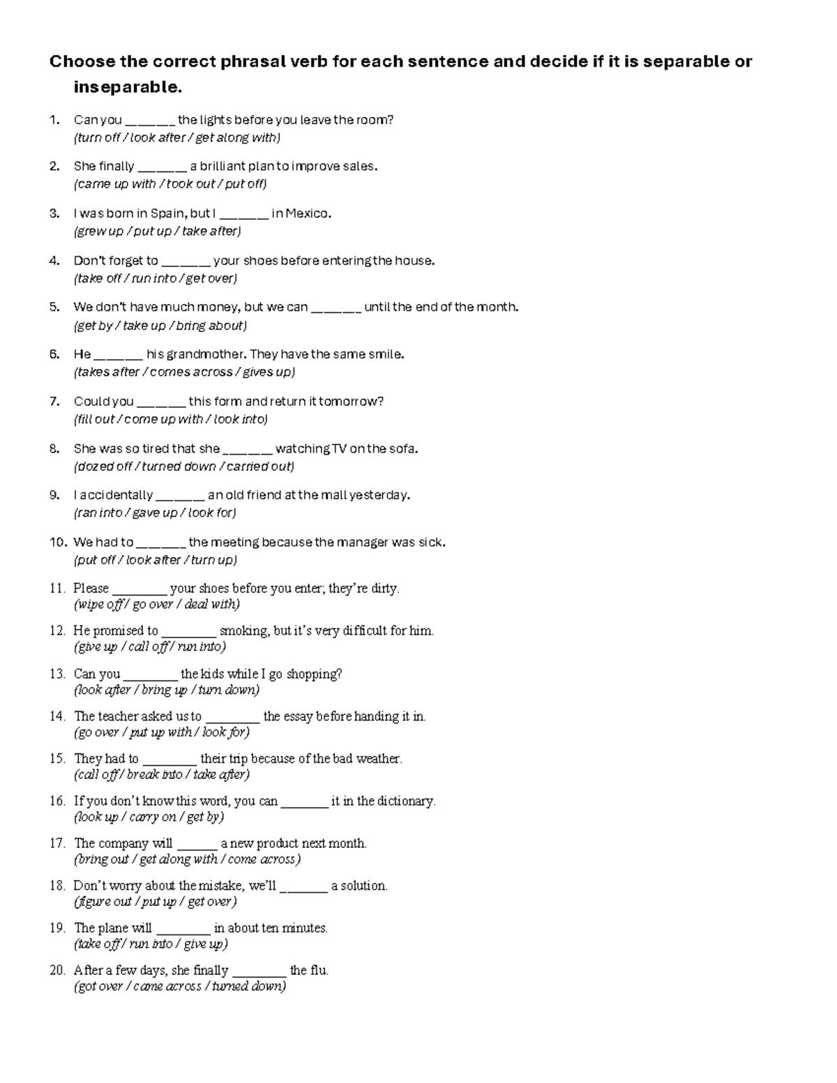 Phrasal Verbs Exercise: Identify and Classify Separable/Inseparable ...