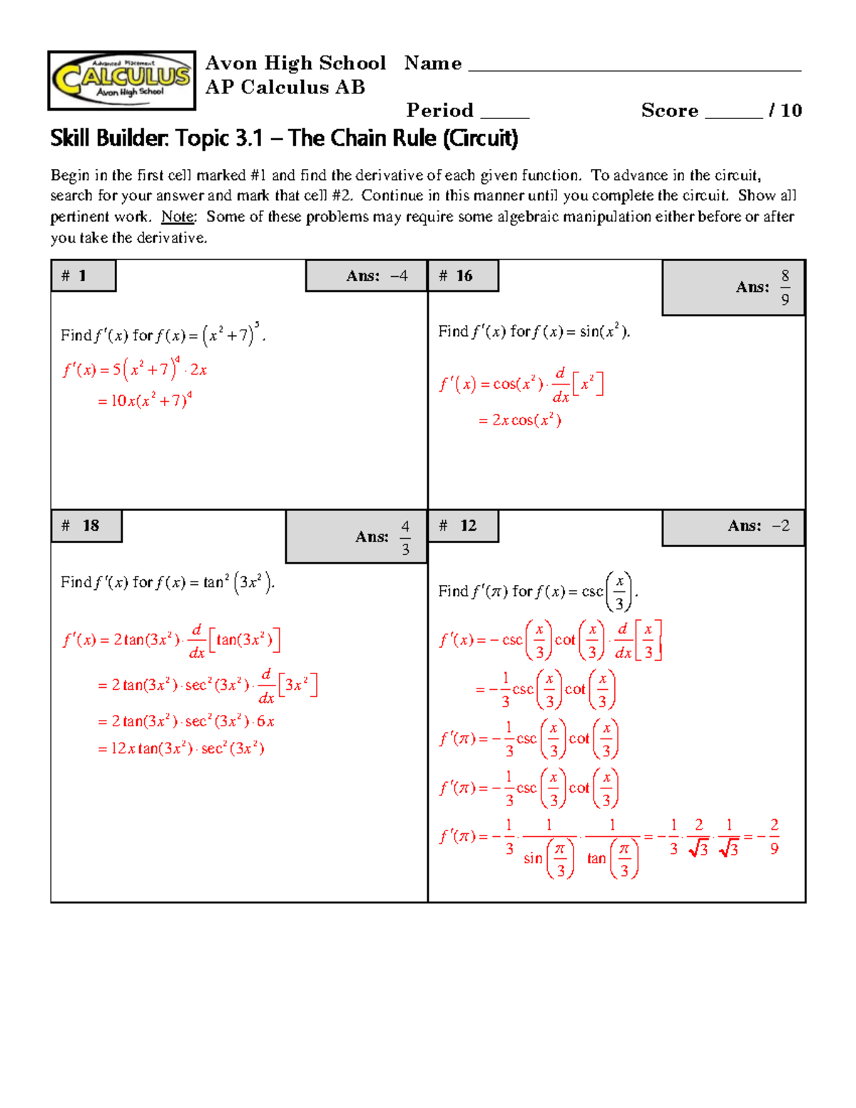 AP Calculus AB - Topic 3 Skill Builder: The Chain Rule Circuit - Studocu
