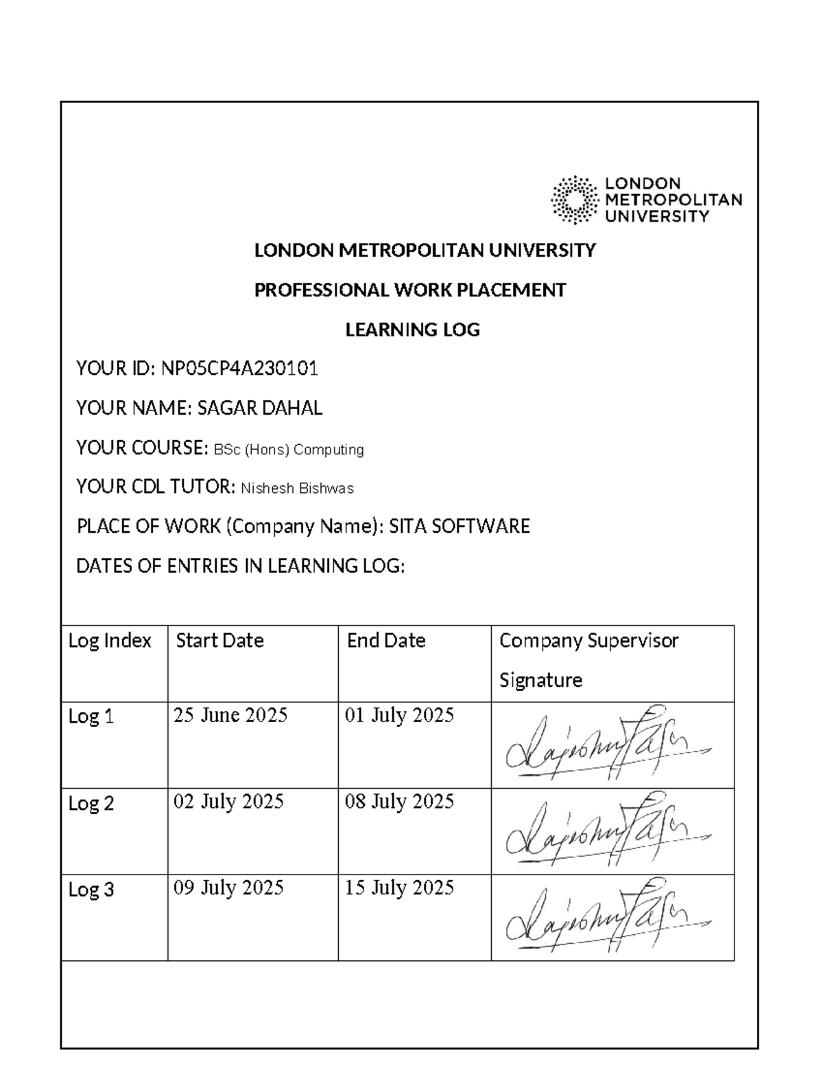 BSc (Hons) Computing NP05CP4A230101 Professional Work Placement Log 9 ...