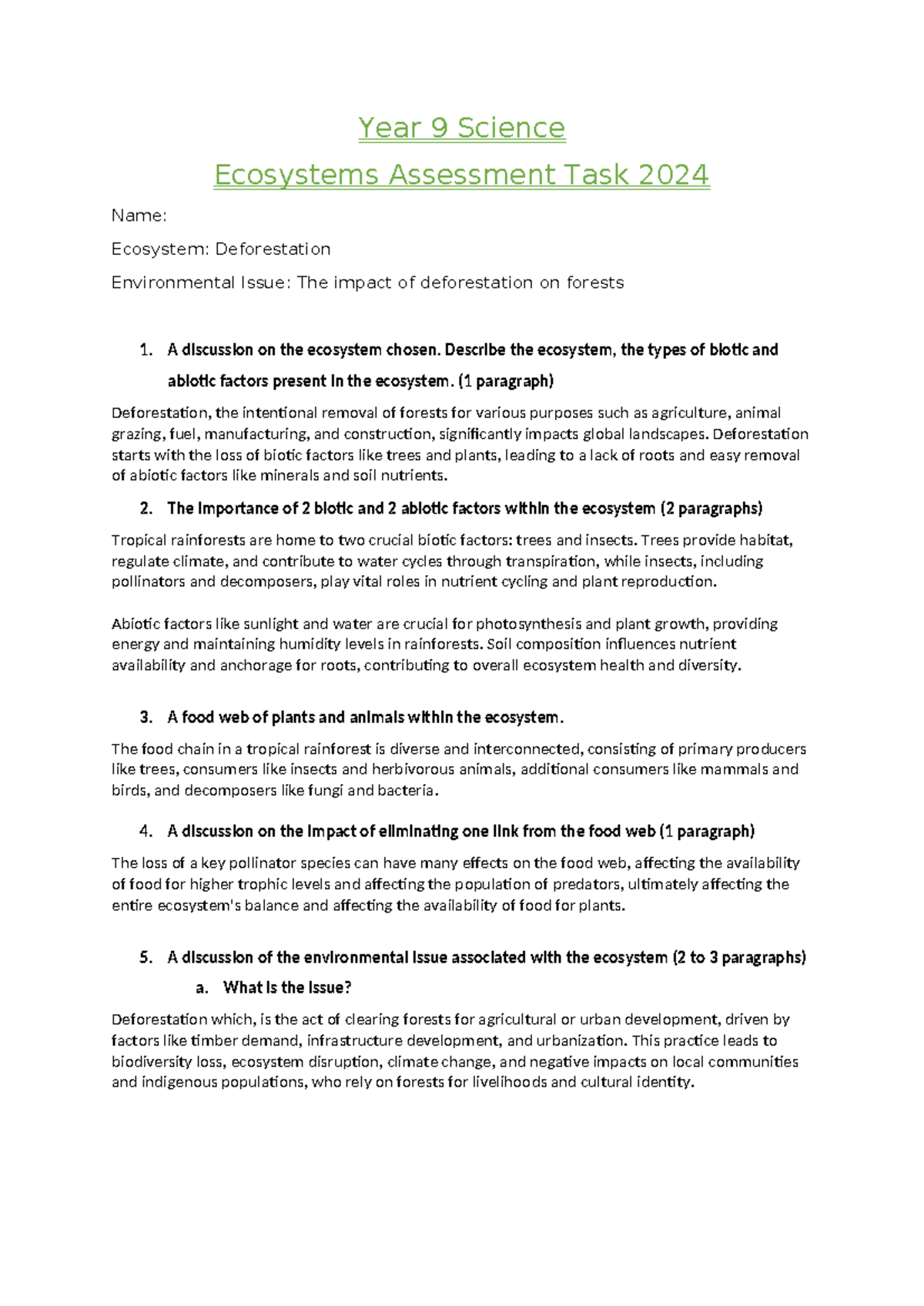 Year 9 Science Assessment - Ecosystems & Deforestation Analysis - Studocu