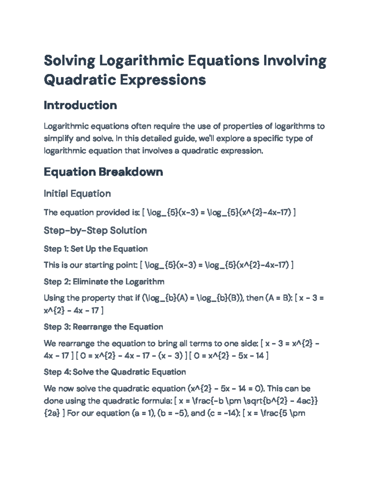 Solving Logarithmic Equations with Quadratic Expressions: Guide ...