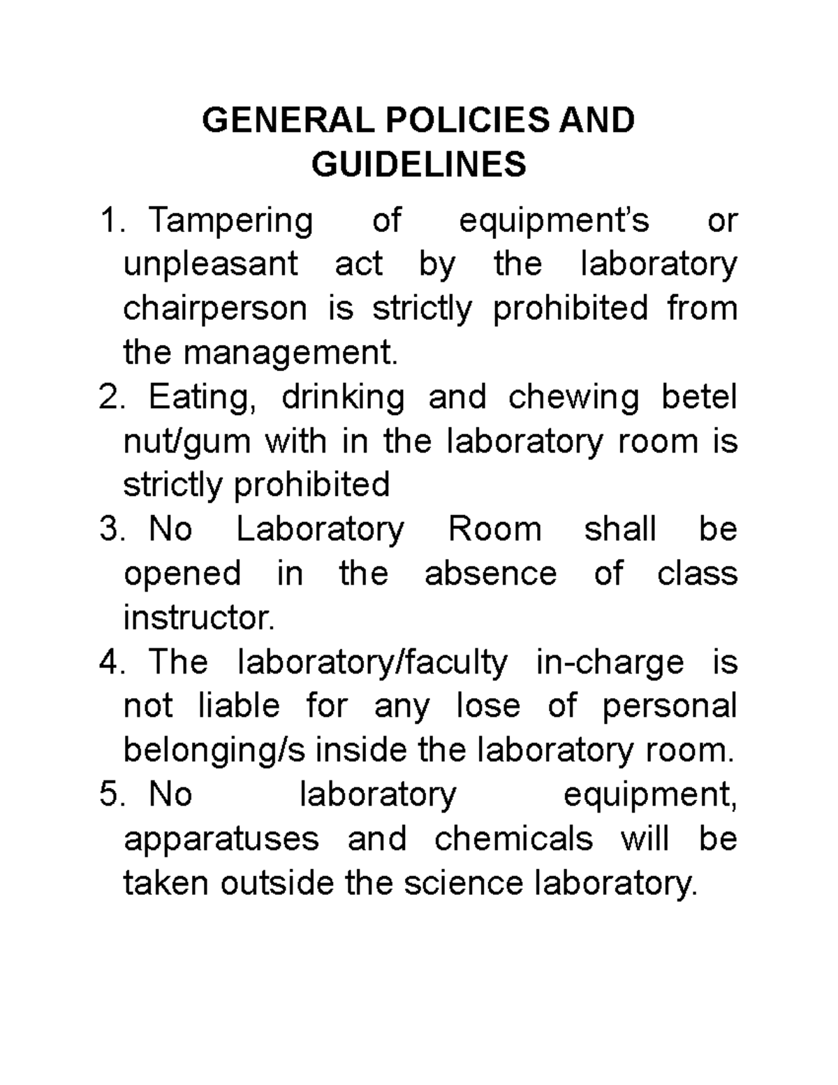 General Policies and Guidelines for Laboratory Conduct - Studocu