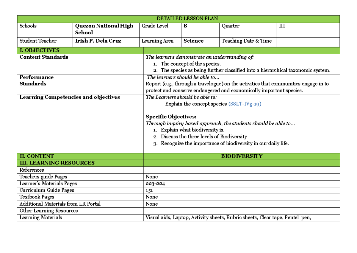DLP- Detailed Lesson Plan on Biodiversity for Grade 8 Science - Studocu