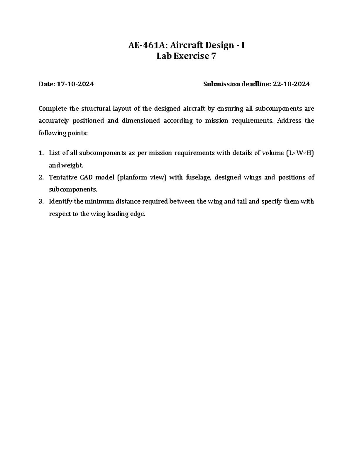 AE461 Problem Statement Lab exercise 7 new - AE‐461A: Aircraft Design ...