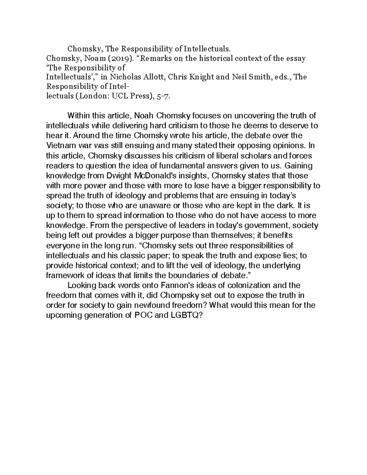 Soc hom #11 pdf - yes - Chomsky, The Responsibility of Intellectuals ...