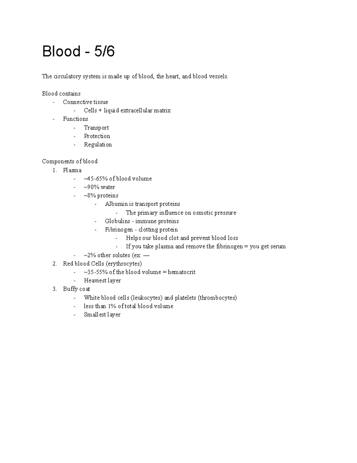 Blood Lecture Notes for BIOL 2219: Circulatory System Overview - Studocu