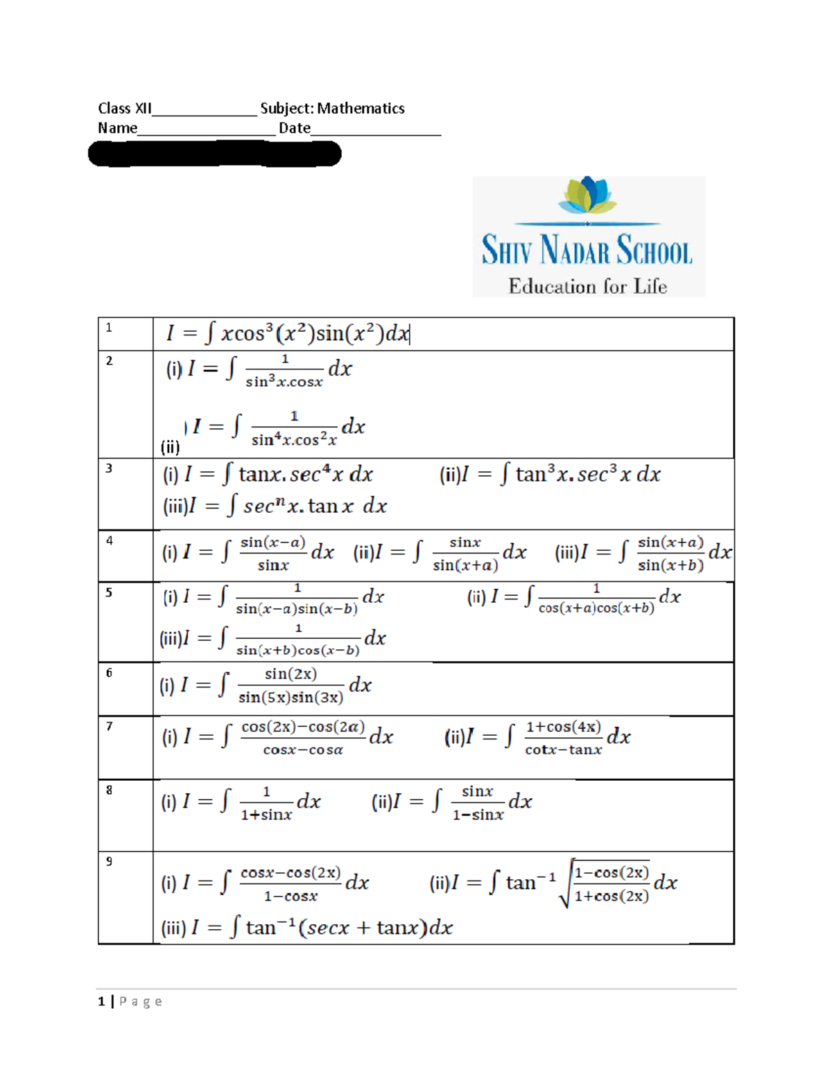 QB-Indefinite Integration 1 - Maths Class 12 - 1 | P a g e Class XII_____________ Subject: - Studocu