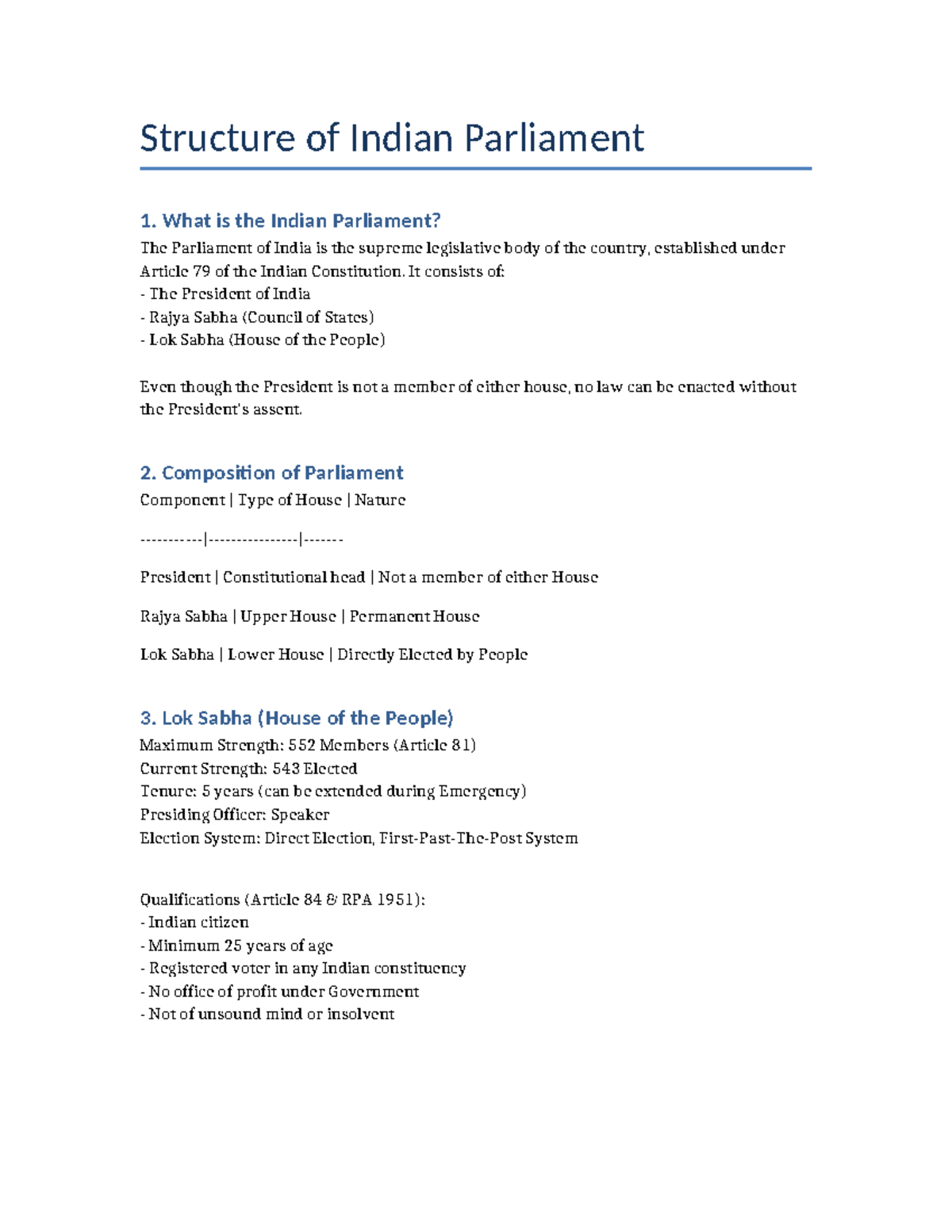 Structure of Indian Parliament: Overview and Key Features - Studocu