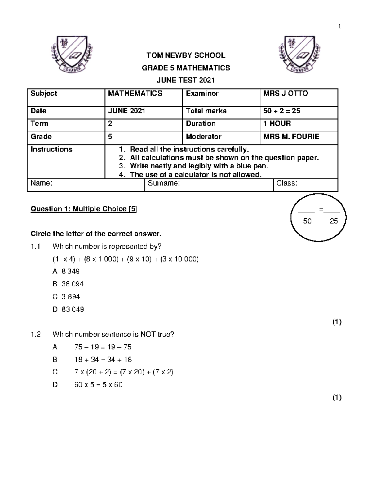 Grade 5 Maths June Test 2021 - Tom Newby School Exam Paper - Studocu