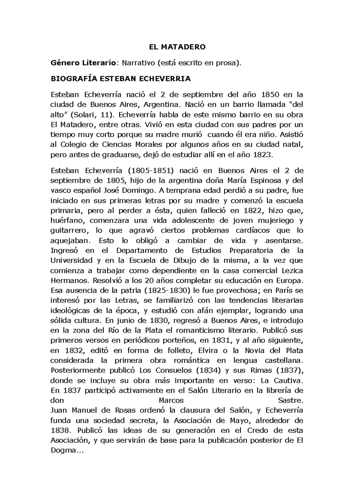 Resumen de "El Matadero" de Esteban Echeverría: Análisis y Temas - Studocu
