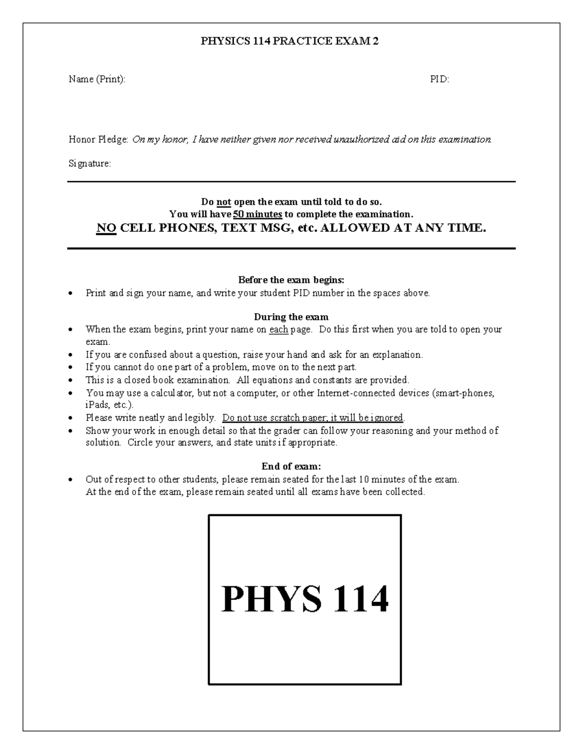 PHYSICS 114 FINAL PRACTICE EXAM 2: Comprehensive Review and Solutions - Studocu