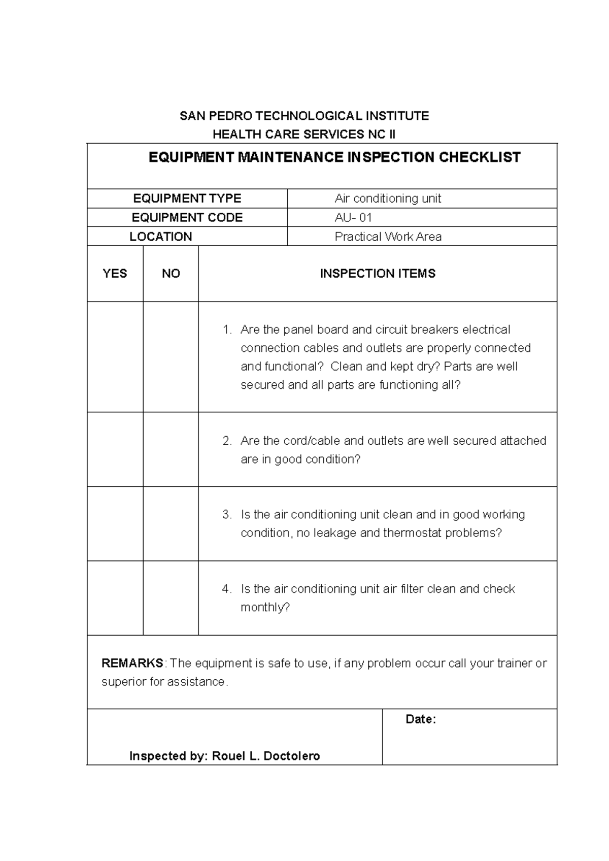 Health Care Services NC II: Equipment Maintenance Checklist - Studocu