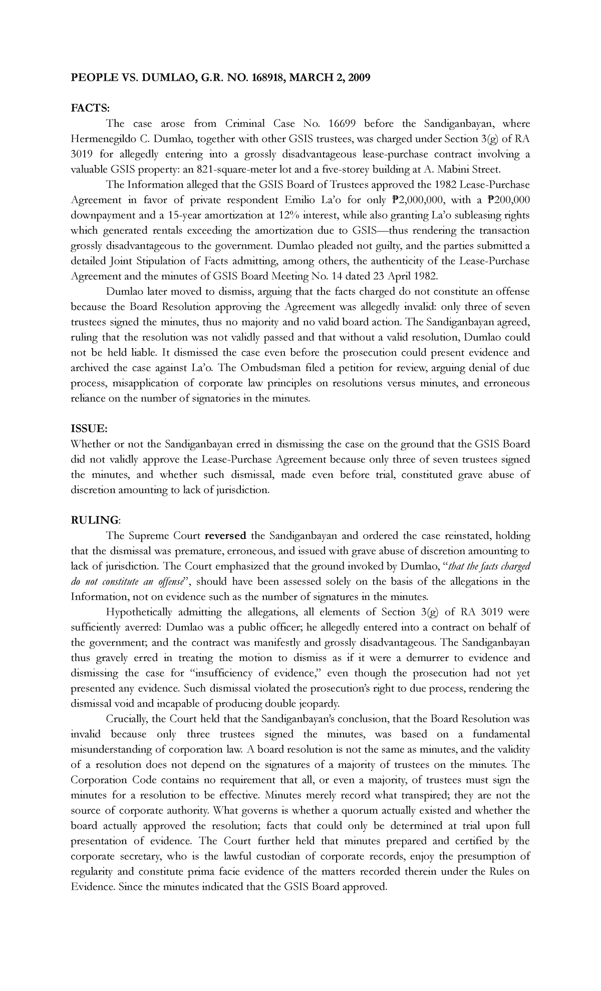 BUCO - People vs. Dumlao, G.R. No. 168918 Case Analysis - Studocu