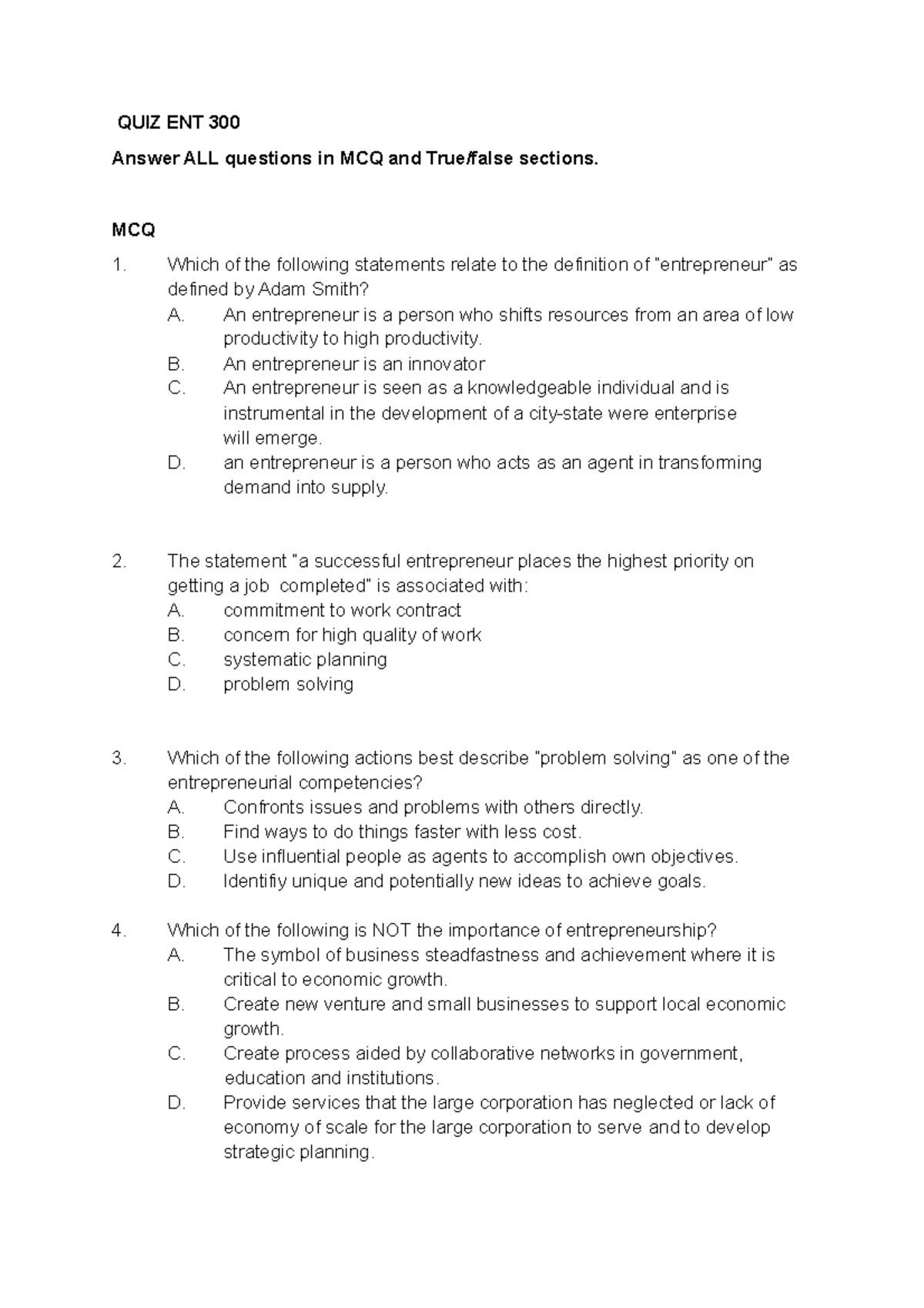 Quiz ENT300 - December 2022 Tutorial Questions and Answers - Studocu