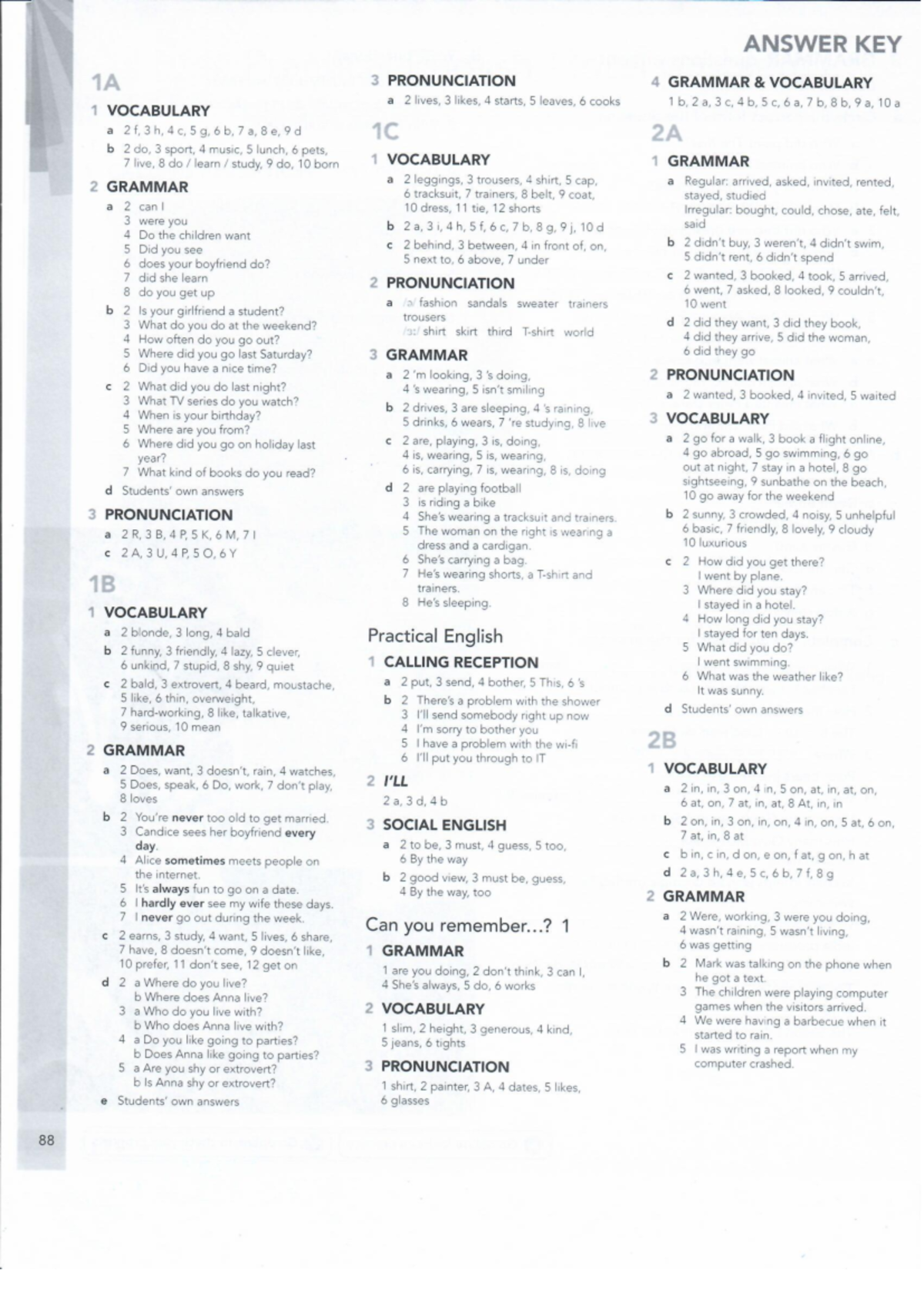 Workbook Key - ANSWER KEY 1A 3 PRONUNCIATION 4 GRAMMAR VOCABULARY a 2 ...