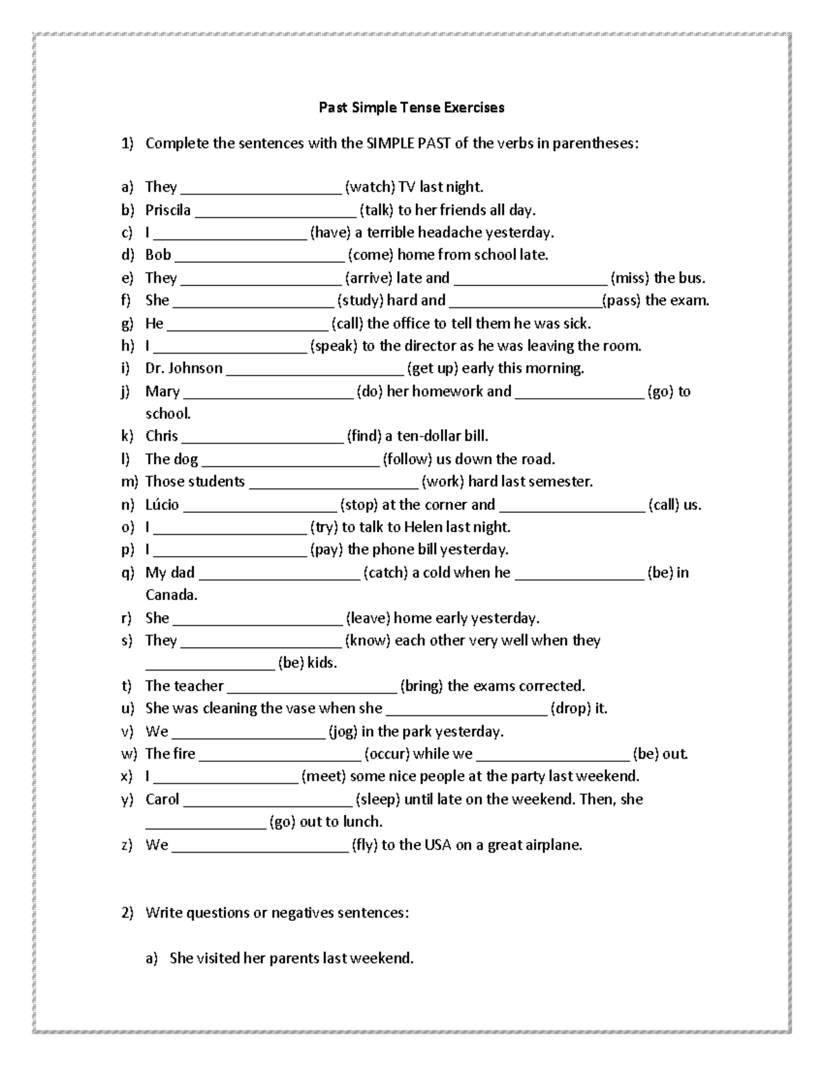 Past Simple Tense Exercises (ENG 101) - Practice & Questions - Studocu