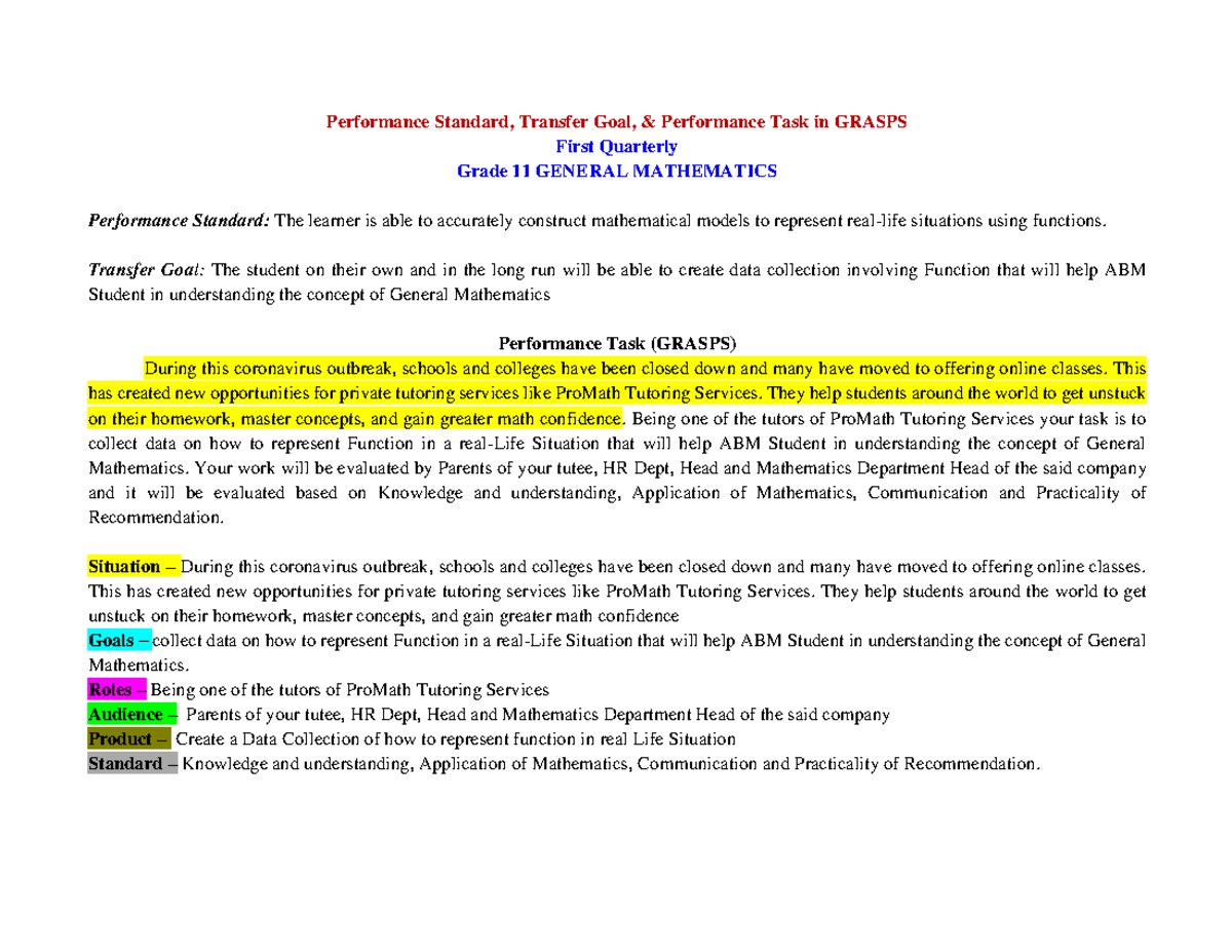 GEN MATH Performance TASK - Performance Standard, Transfer Goal, & Performance Task in GRASPS ...