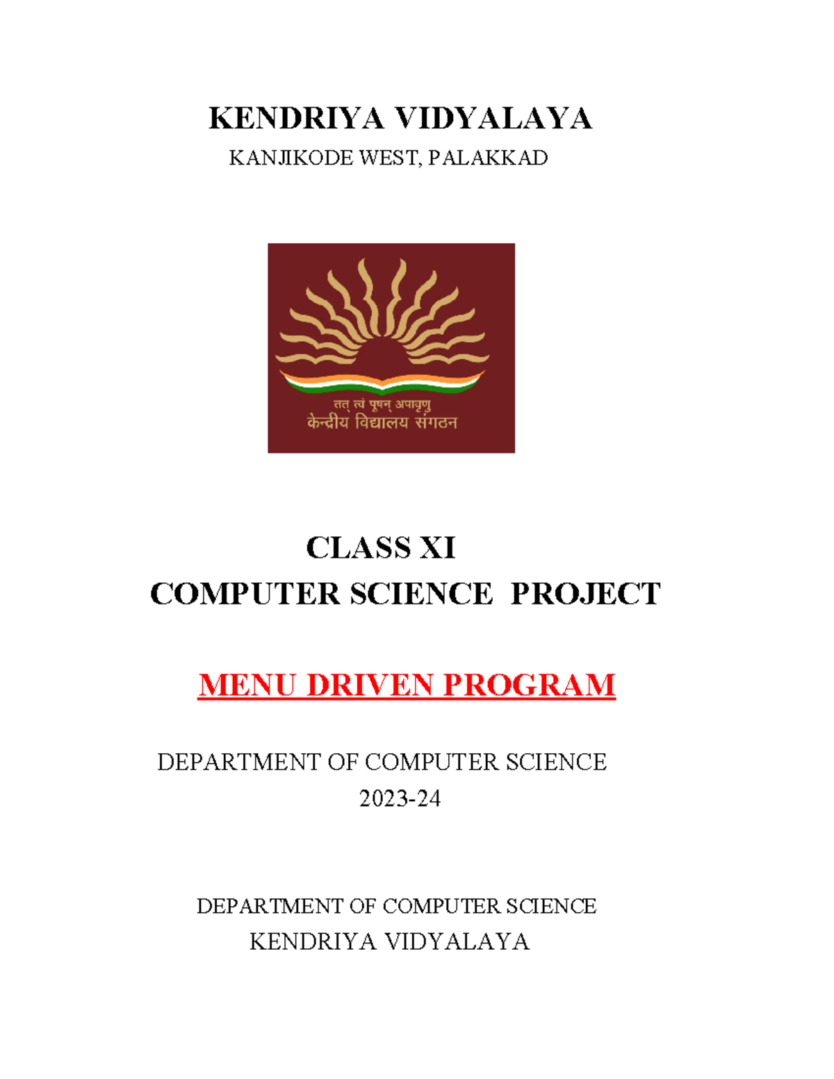 Class XI Computer Science Project: Menu Driven Program (CS) - Studocu