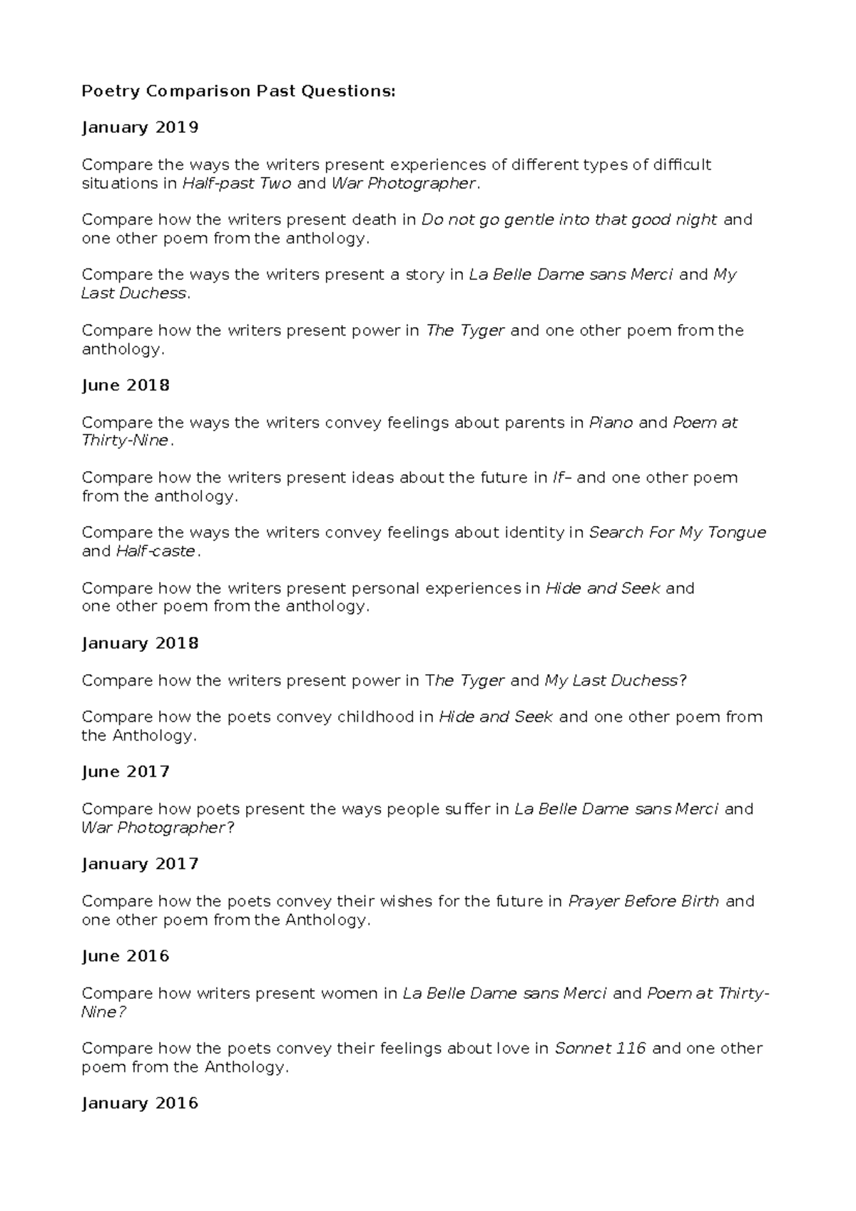 Edexcel IGCSE Literature Past Poetry and Prose Comparison Questions ...