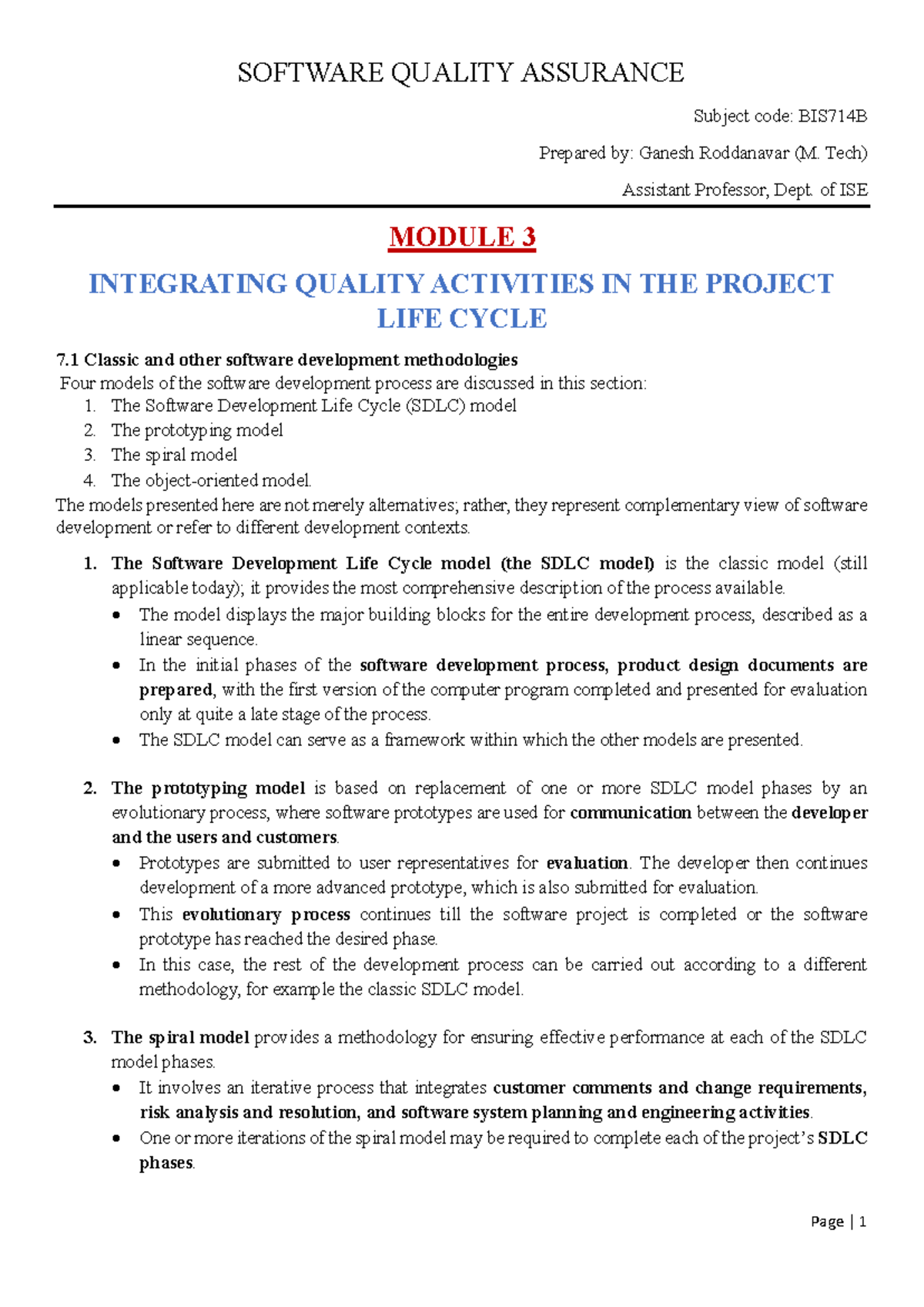 BIS714B Software Quality Assurance: Module 3 Notes on Development ...