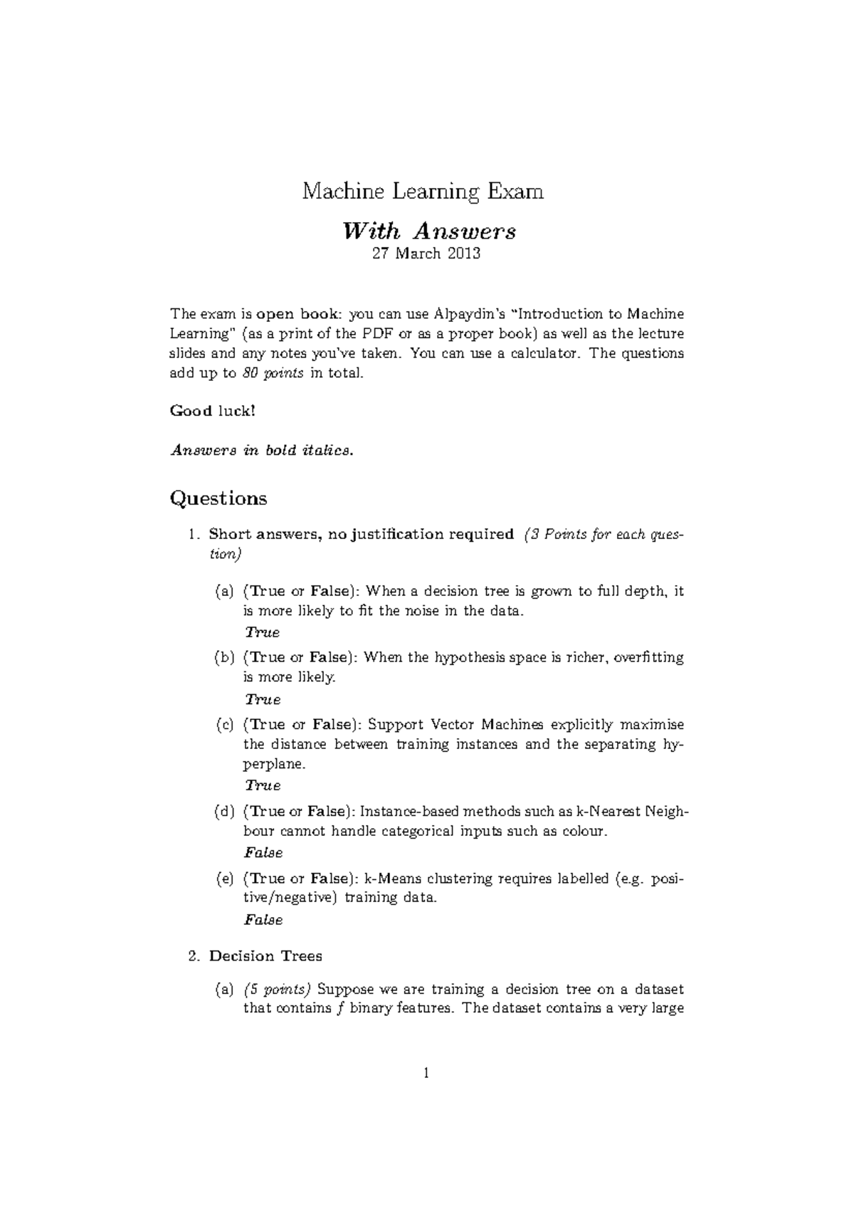 Exam 27 March 2013, questions and answers - Machine Learning Exam With ...