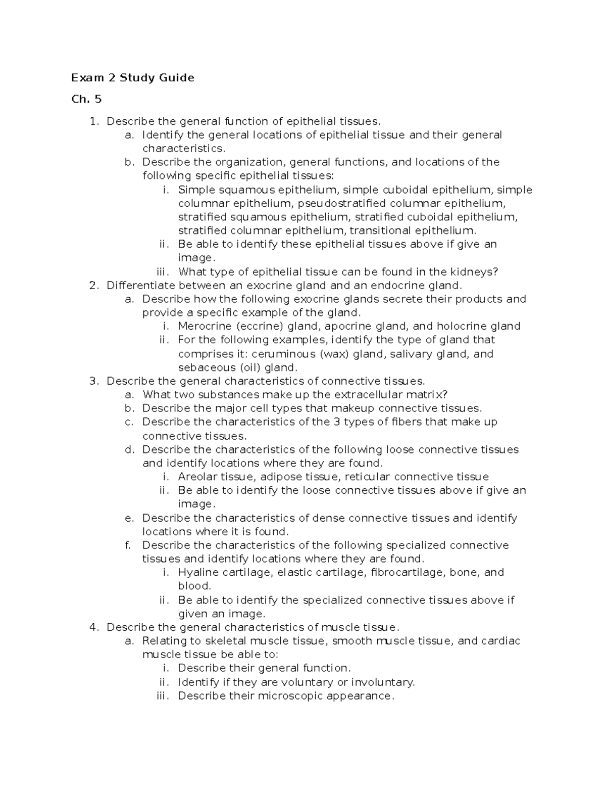 Exam 2 Study Guide: Epithelial, Connective, Muscle & Nervous Tissues ...