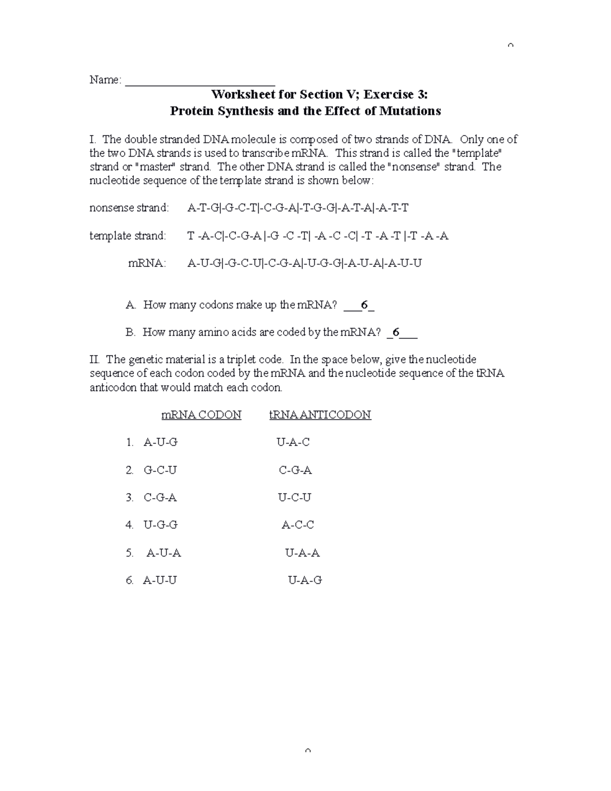 Protein Synthesis & Mutations Worksheet - BIO 101 - Sum20 - Studocu