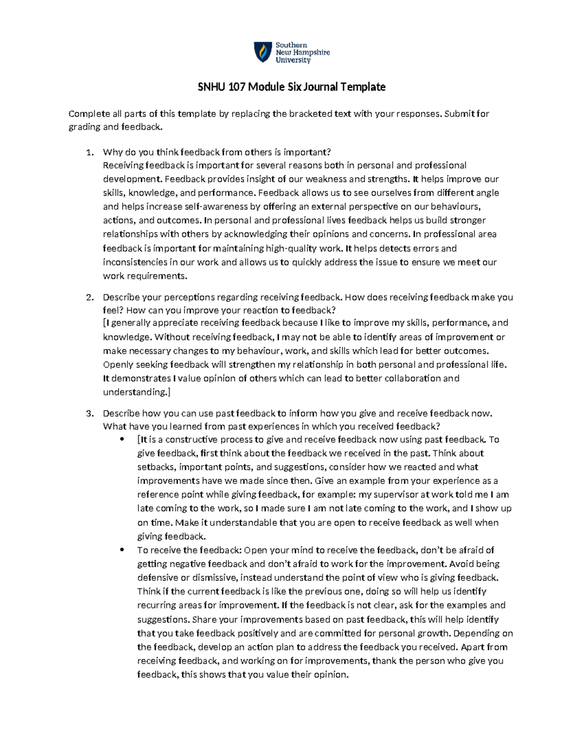 SNHU 107 Module 6 Journal: Importance of Feedback & Personal Growth - Studocu