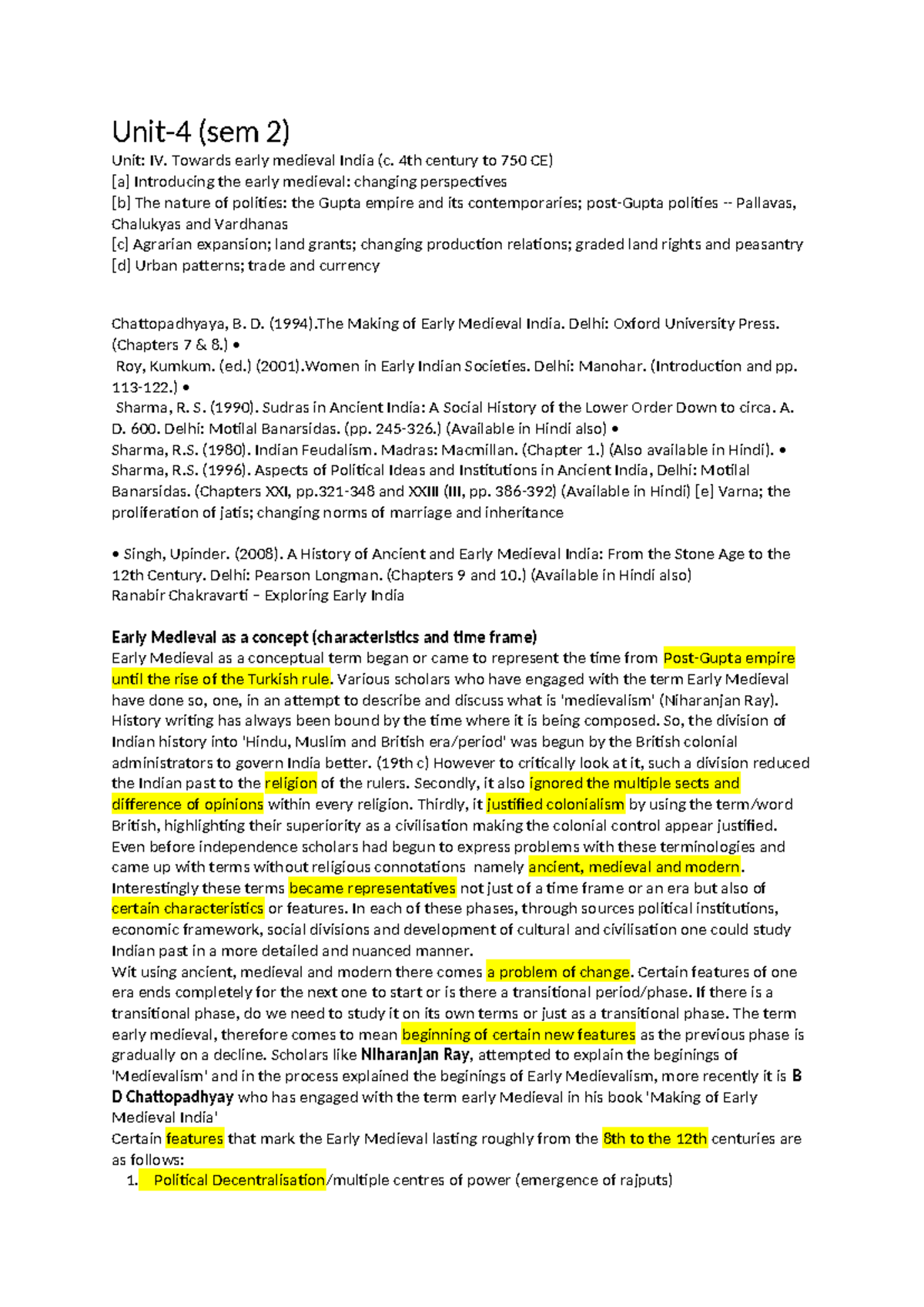 Early Medieval India Overview - Unit IV (Sem 2) Notes - Studocu