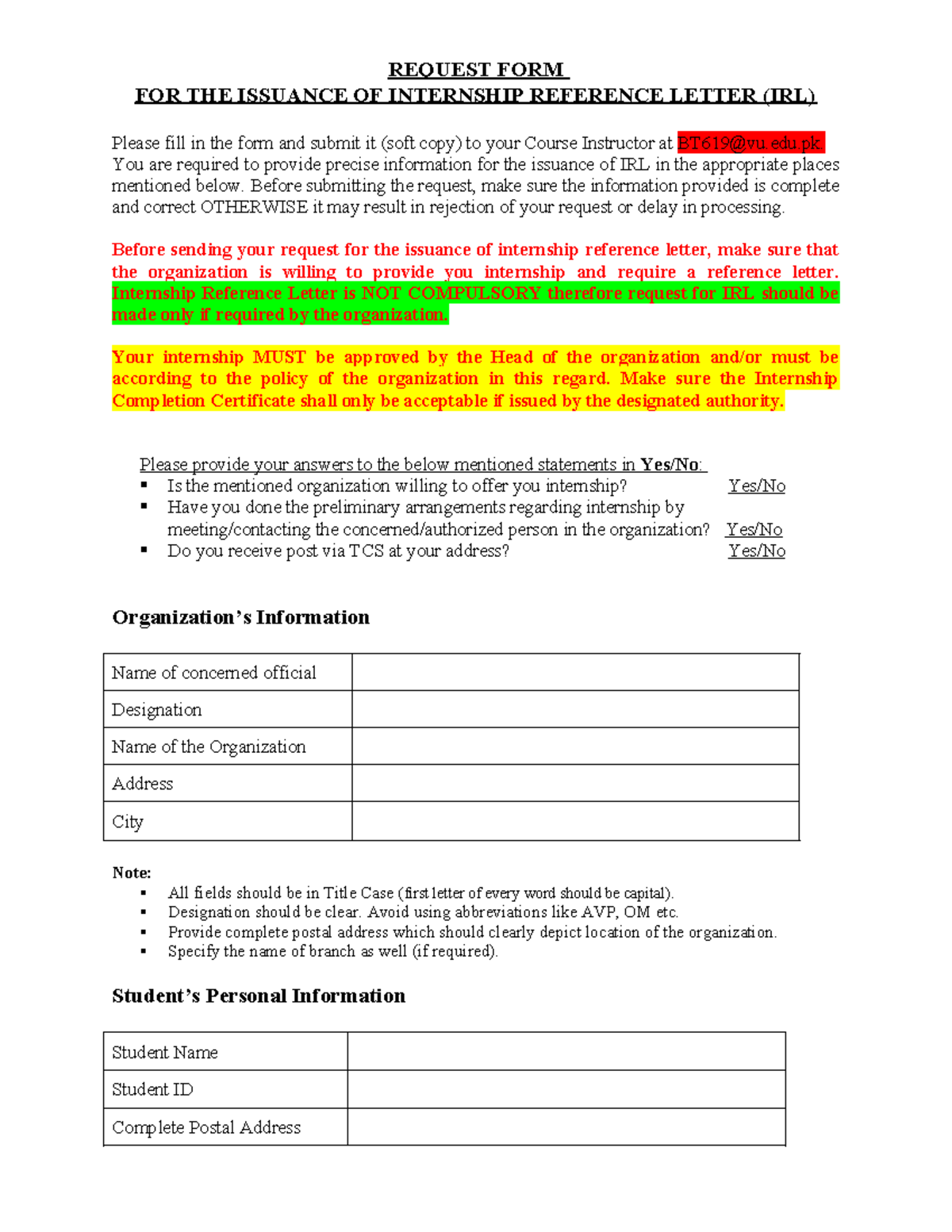 BT619 Request Form for Internship Reference Letter (IRL) - Studocu