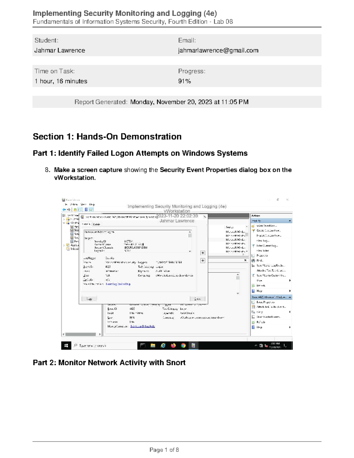 Implementing Security Monitoring and Logging Lab 08 - Jahmar Lawrence ...