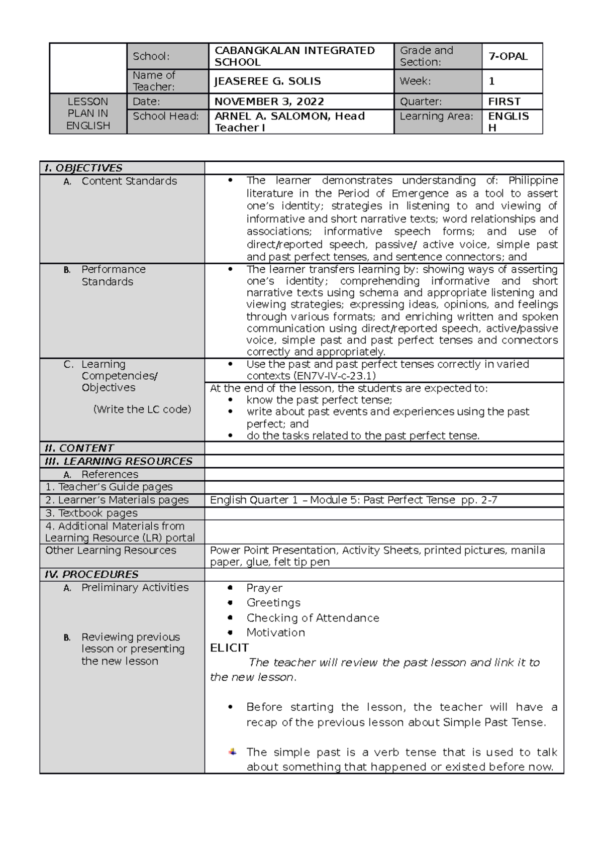 CO PAST Perfect Tense - Lesson Plan for Grade 7 - School: SCHOOL ...