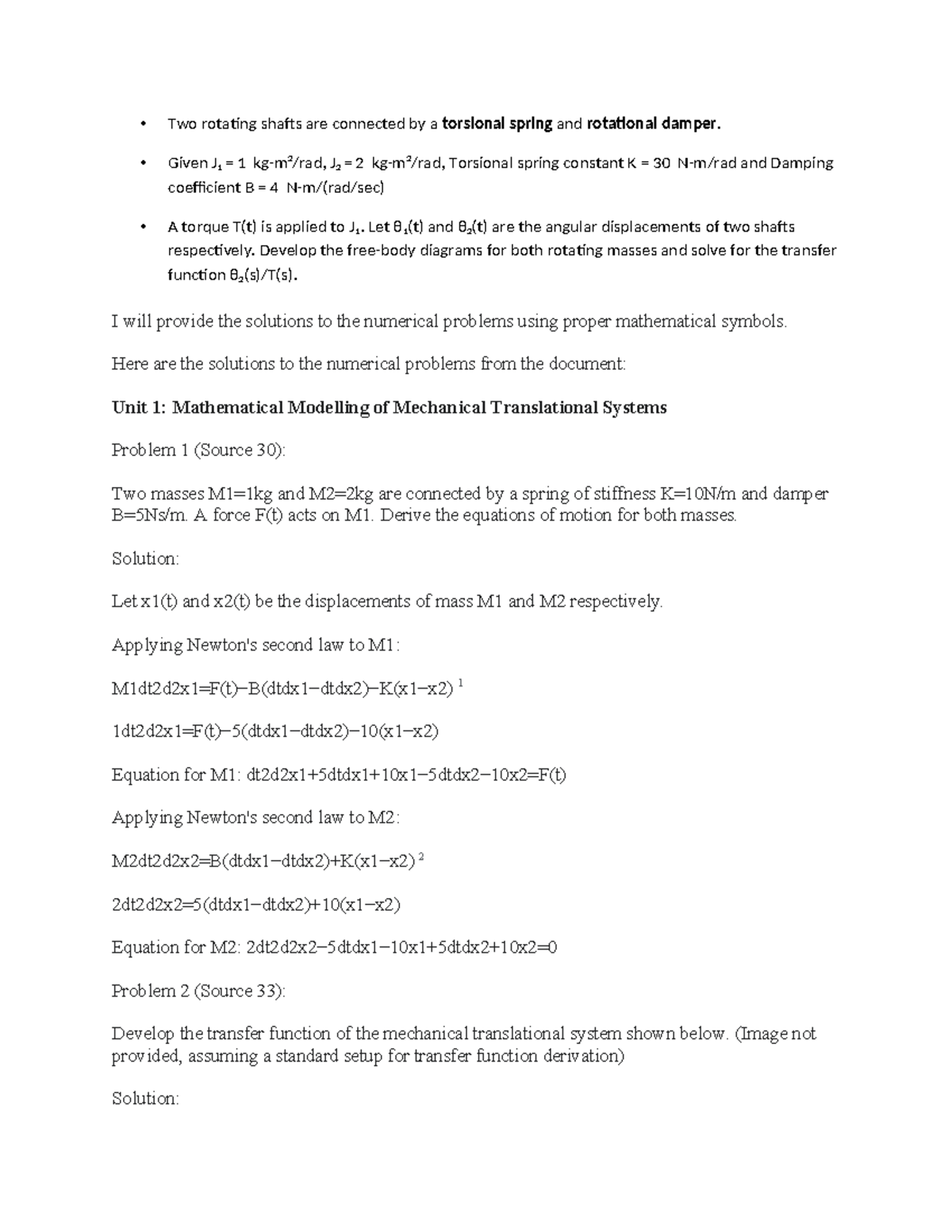 Unit 1: Numerical Solutions for Mechanical Systems and Transfer ...