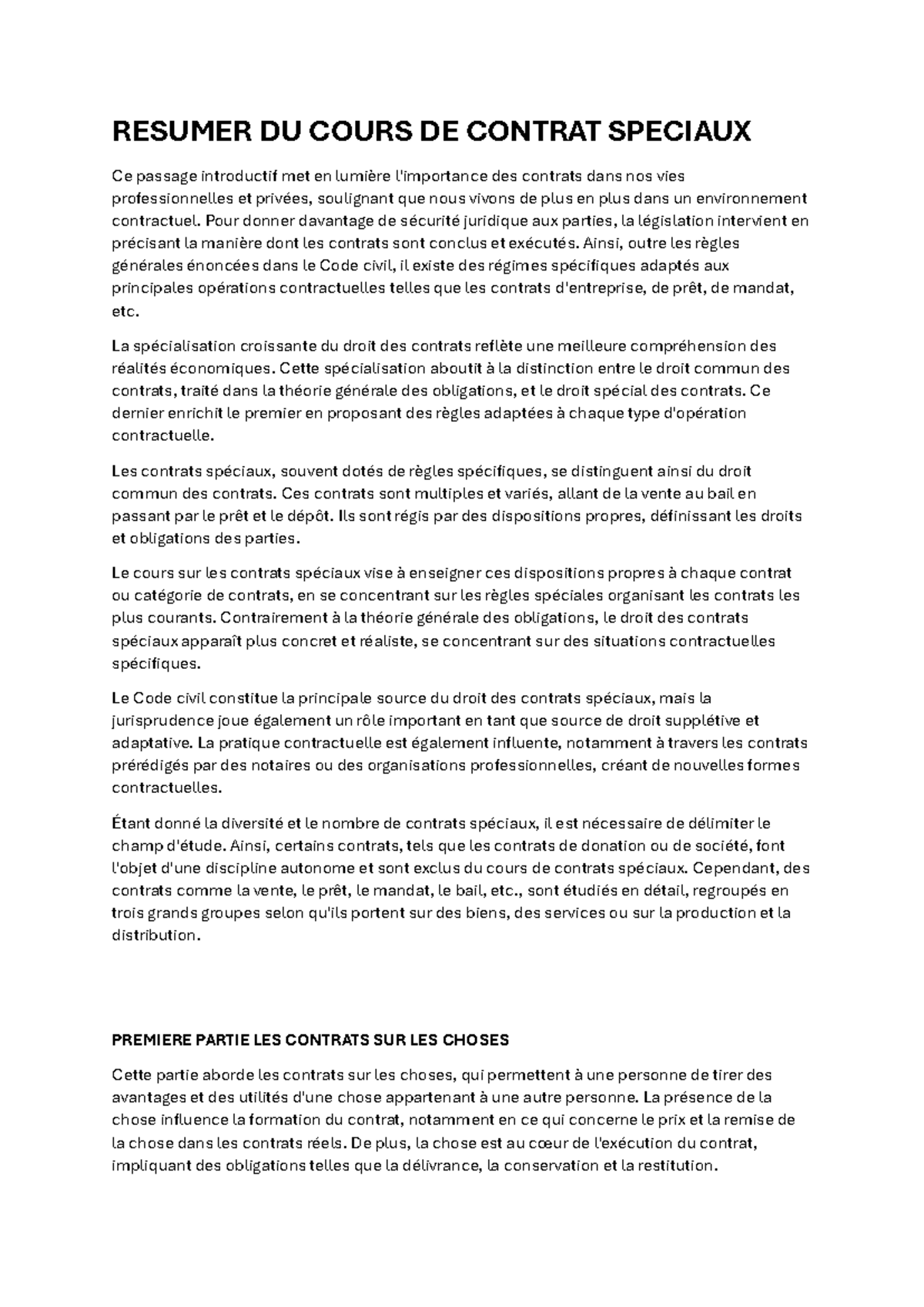 Résumé du Cours de Contrats Spéciaux - UFHB - Studocu