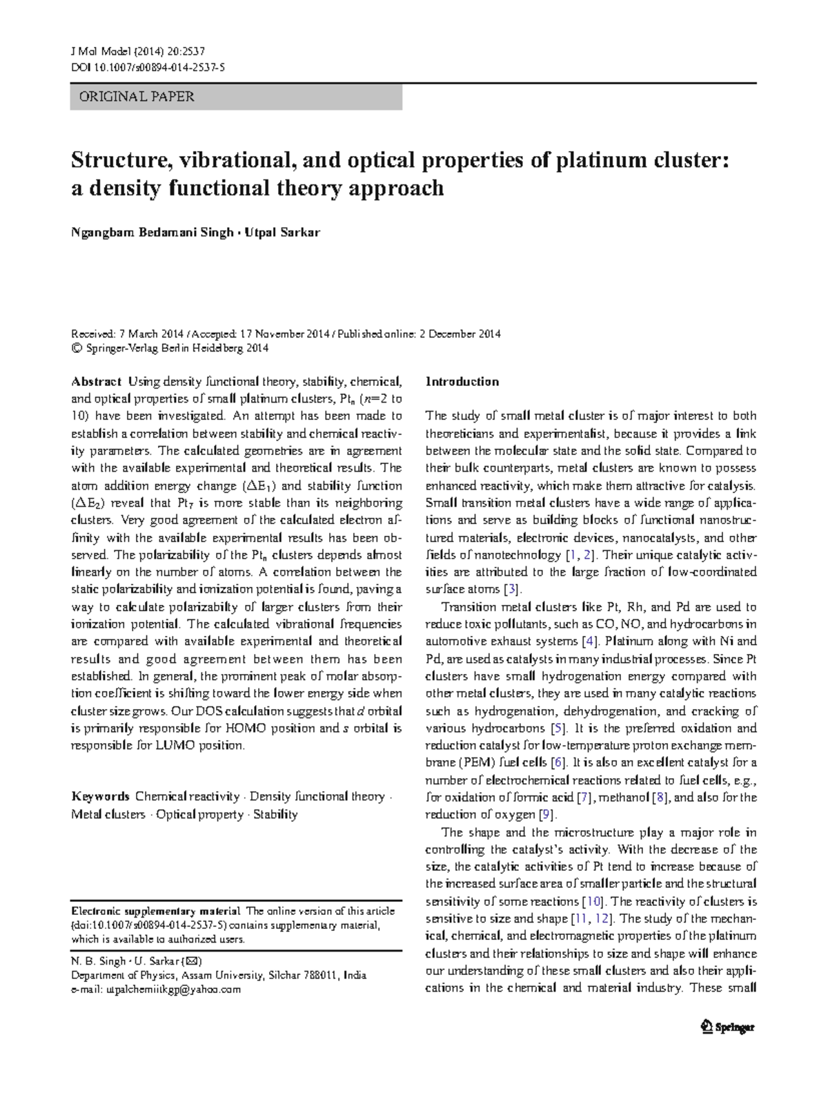 Density Functional Theory Study of Platinum Clusters (Ptn) Properties ...