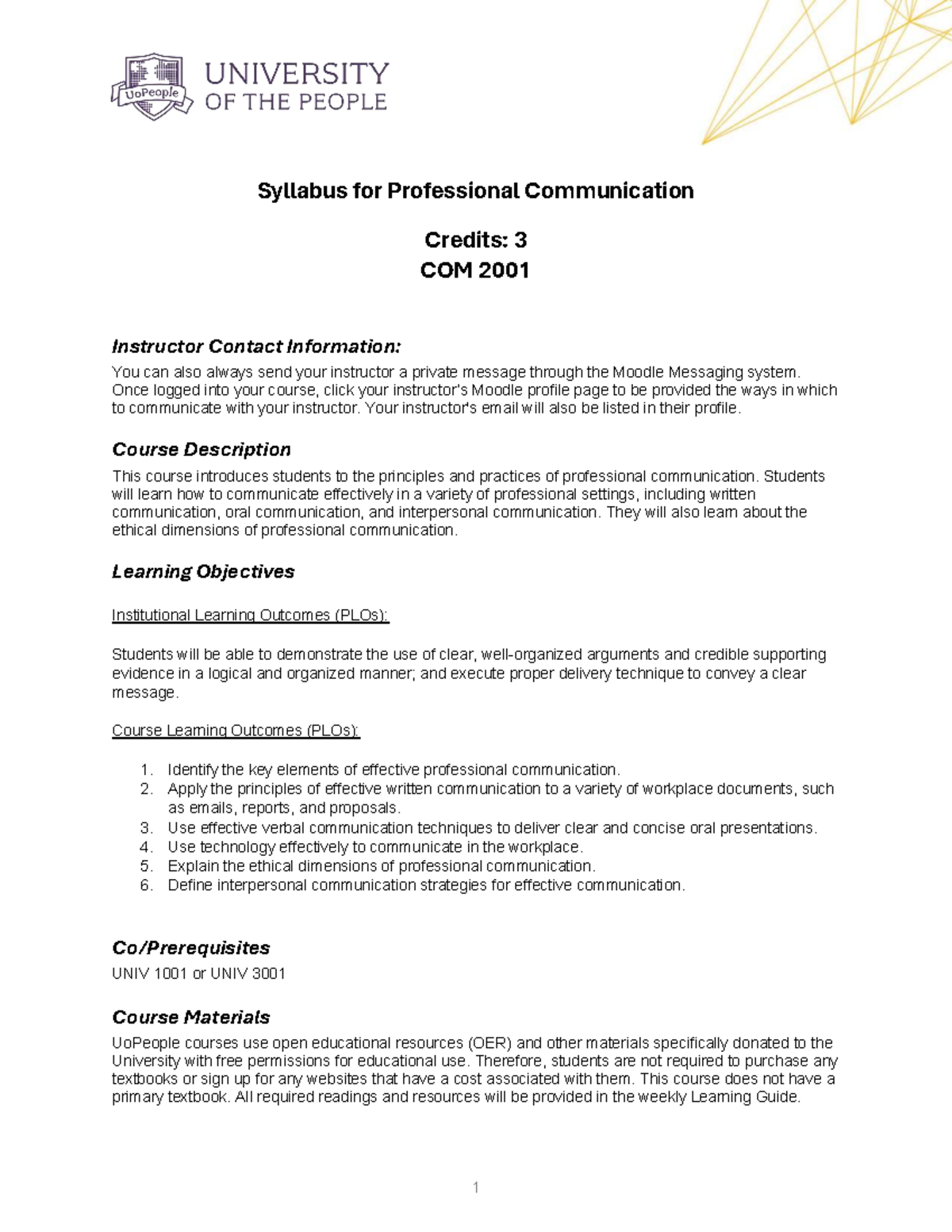 COM 2001 Syllabus: Professional Communication Course Overview - Studocu