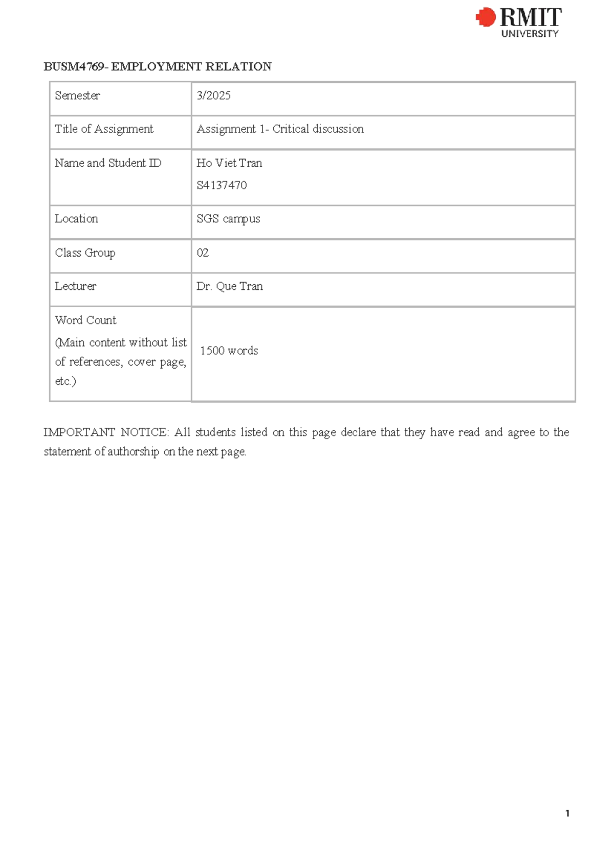 S4137470 Assignment 1: Critical Discussion on Employment Relations ...