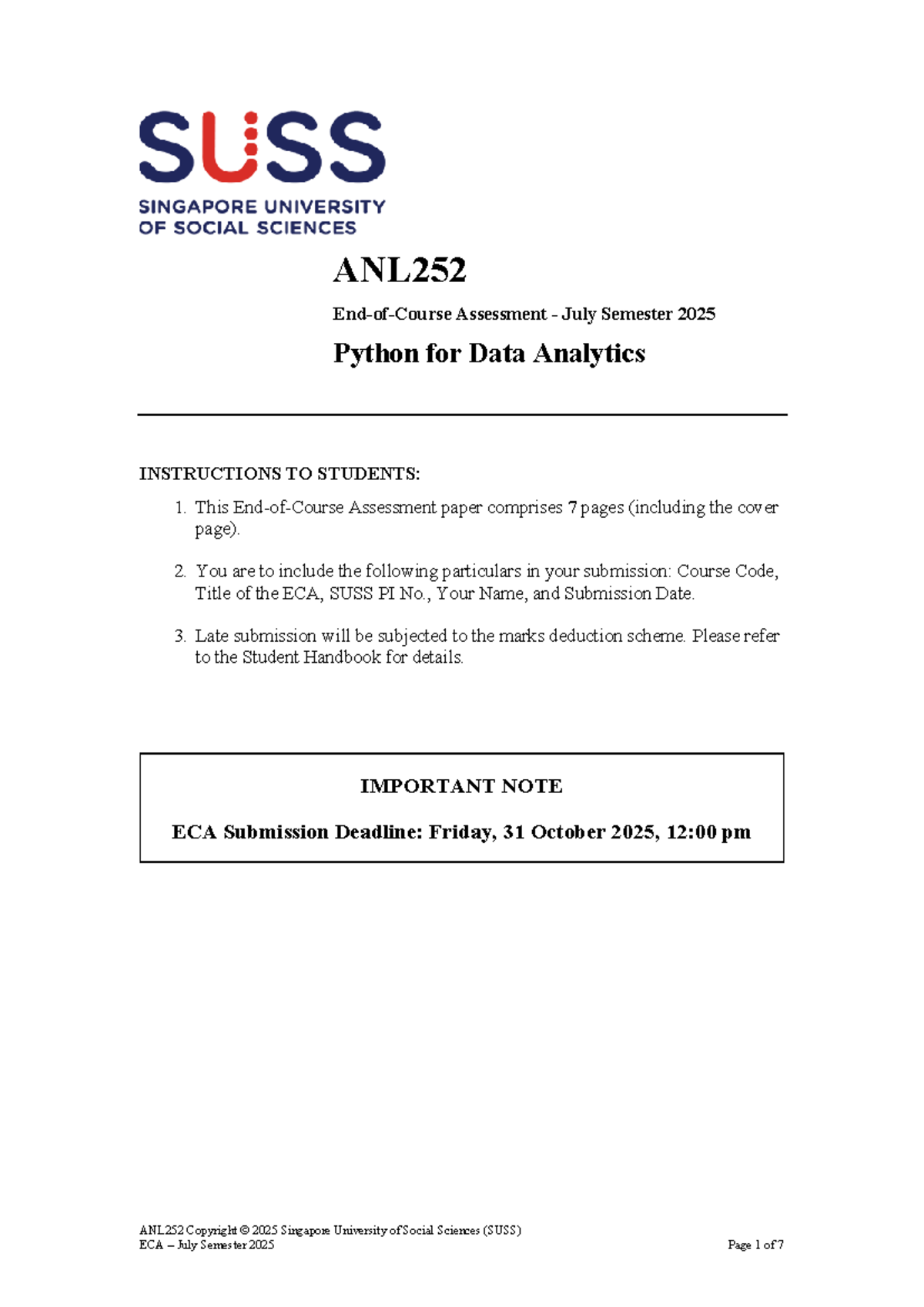 ANL252 ECA July 2025: Python for Data Analytics Assessment - Studocu