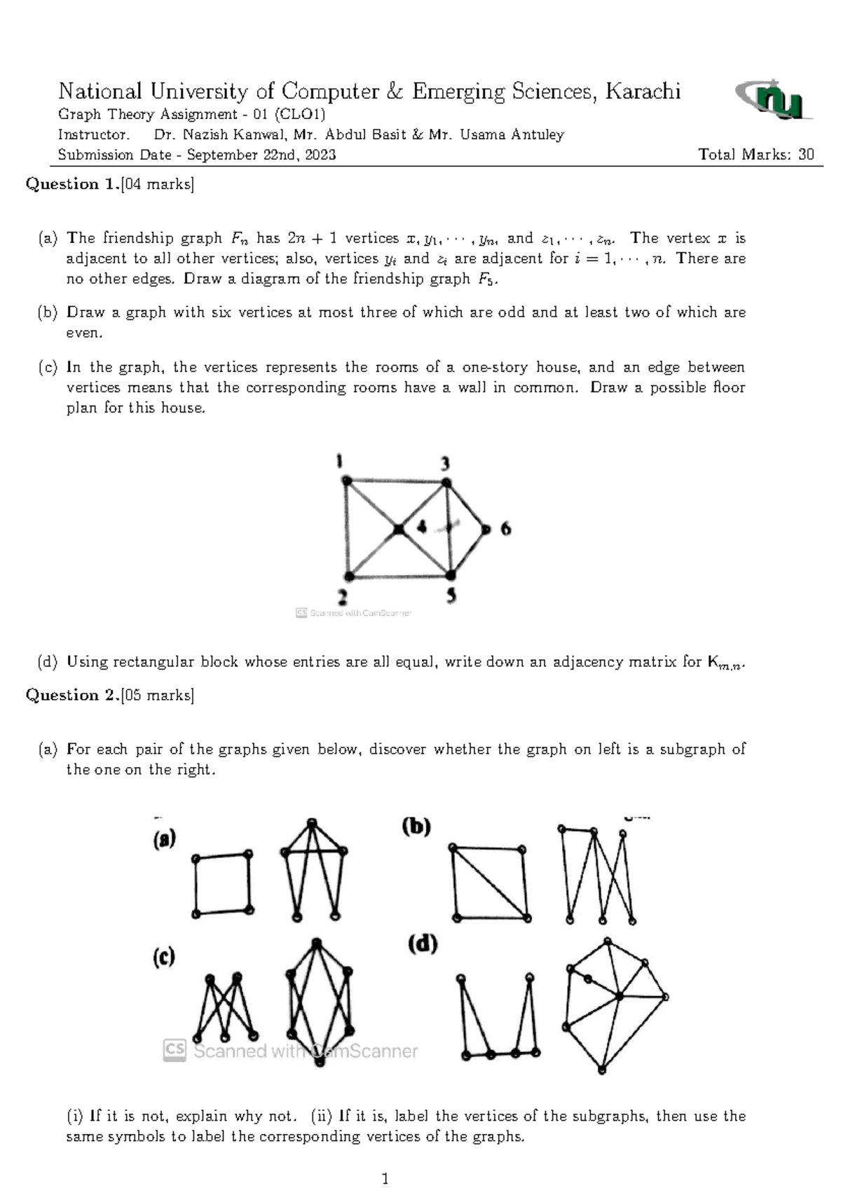 Graph Theory Assignment - 01 (CLO1): Questions & Solutions - Studocu