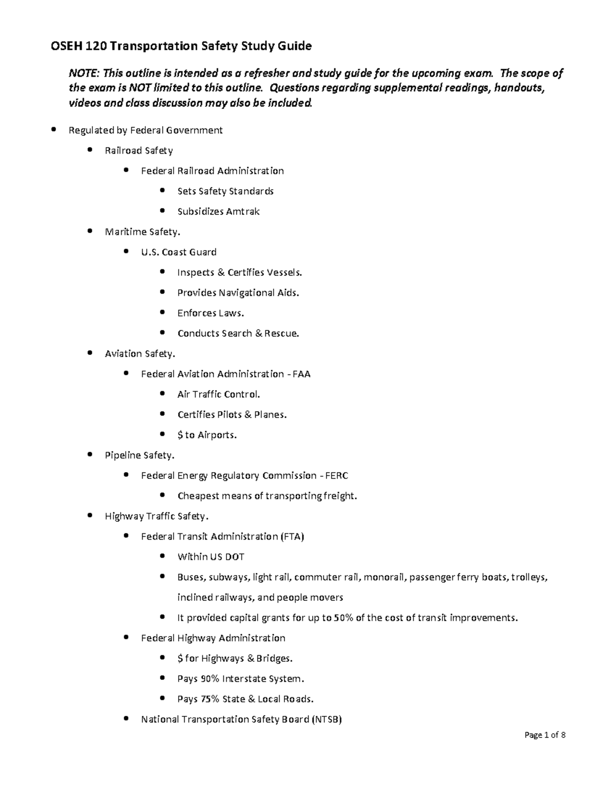 OSEH 120 Transportation Safety Study Guide - Studocu