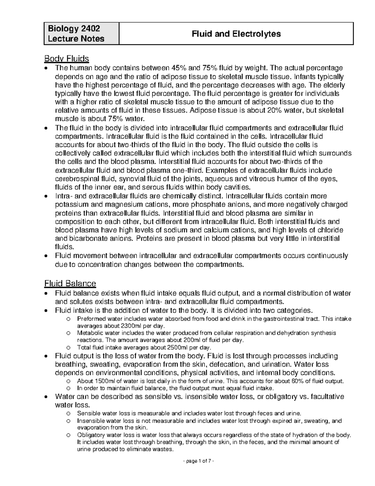 Biology 2402 - Ch. 25 - Fluid and Electrolytes - Lecture Notes Fluid ...