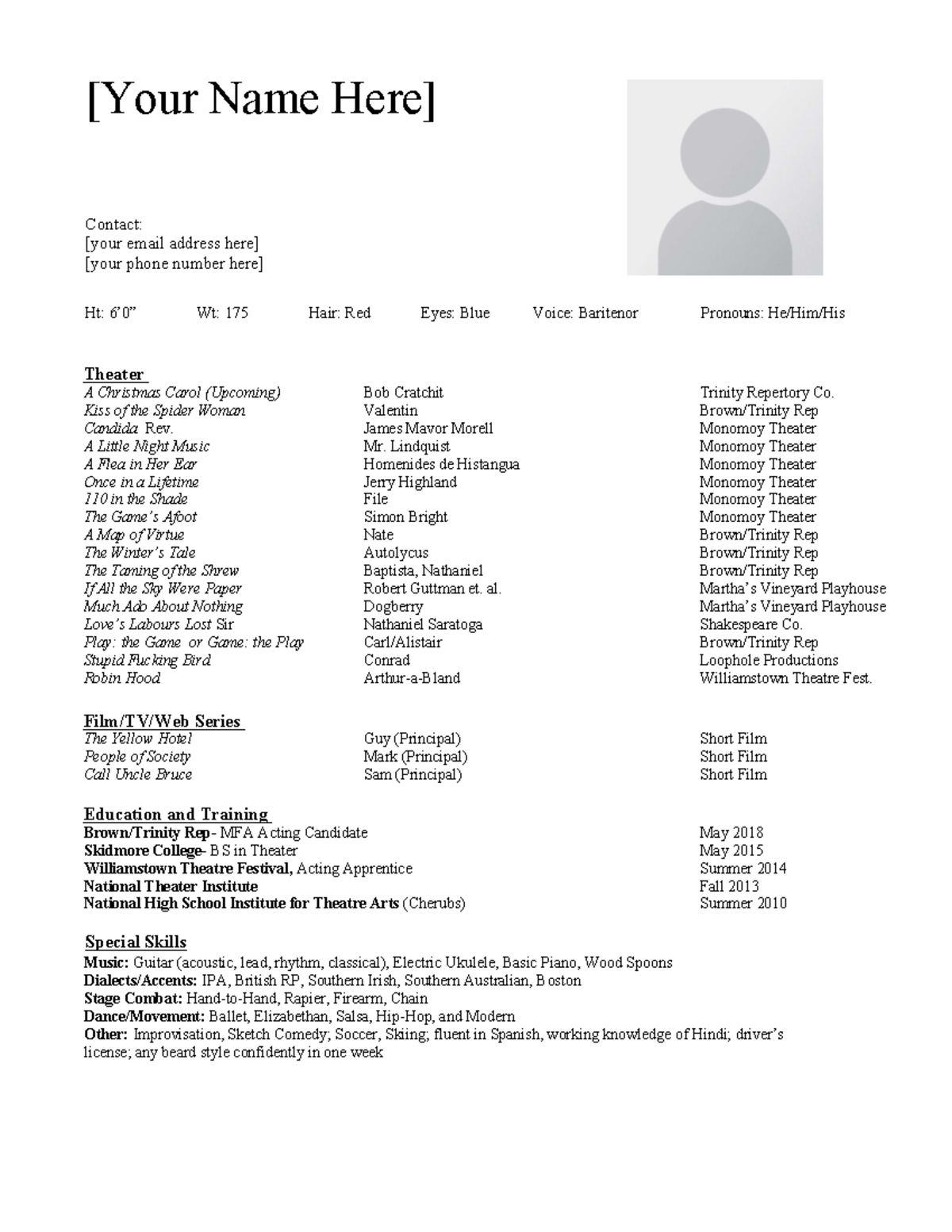 Sample Performing Arts Resume for MFA Acting Candidates - Studocu