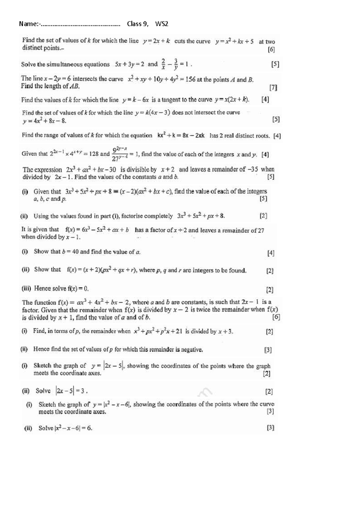 Add Maths WS2: Finding Values of k for Curves and Lines - Studocu